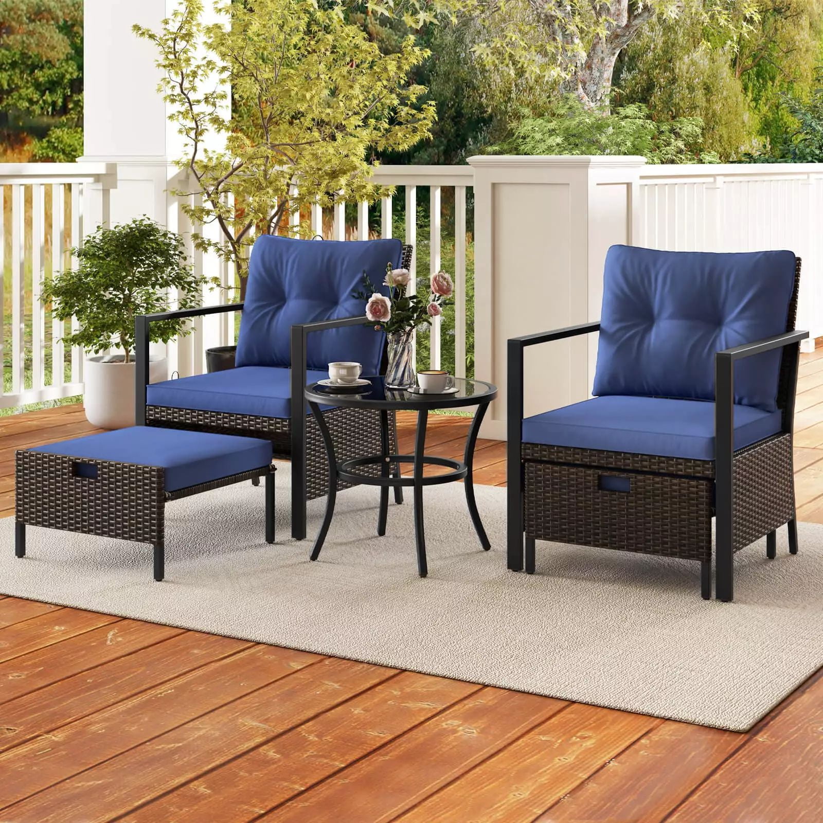 Harmijoy 5 Piece Outdoor Furniture Set, Rattan Chairs & Ottomans w/ Round Glass Topped Coffee ...