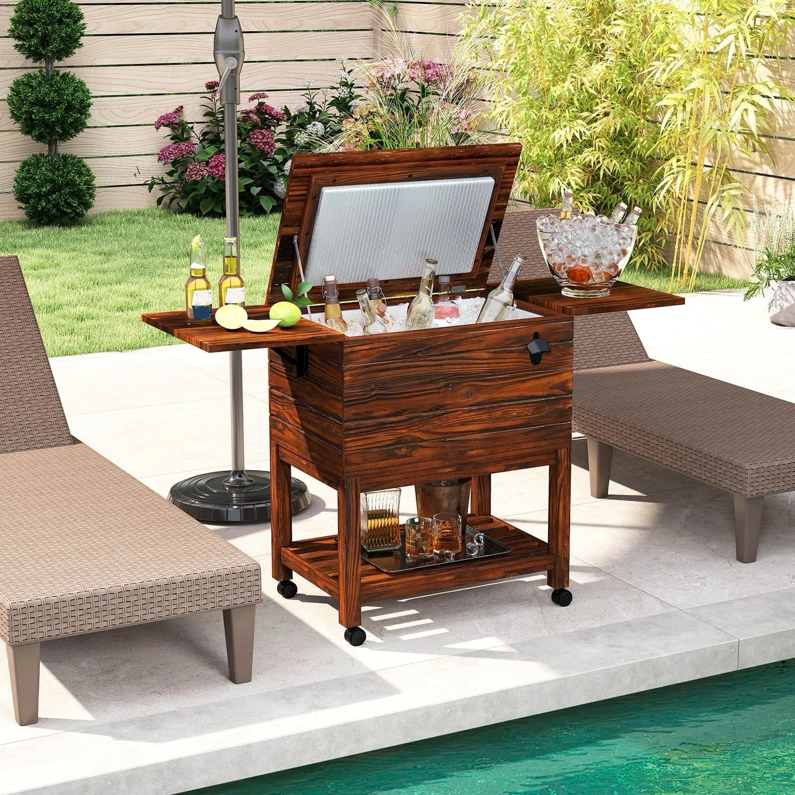 Harmijoy Rolling Wooden Patio Cooler Cart, 54 Quart Outdoor Ice Chest ...