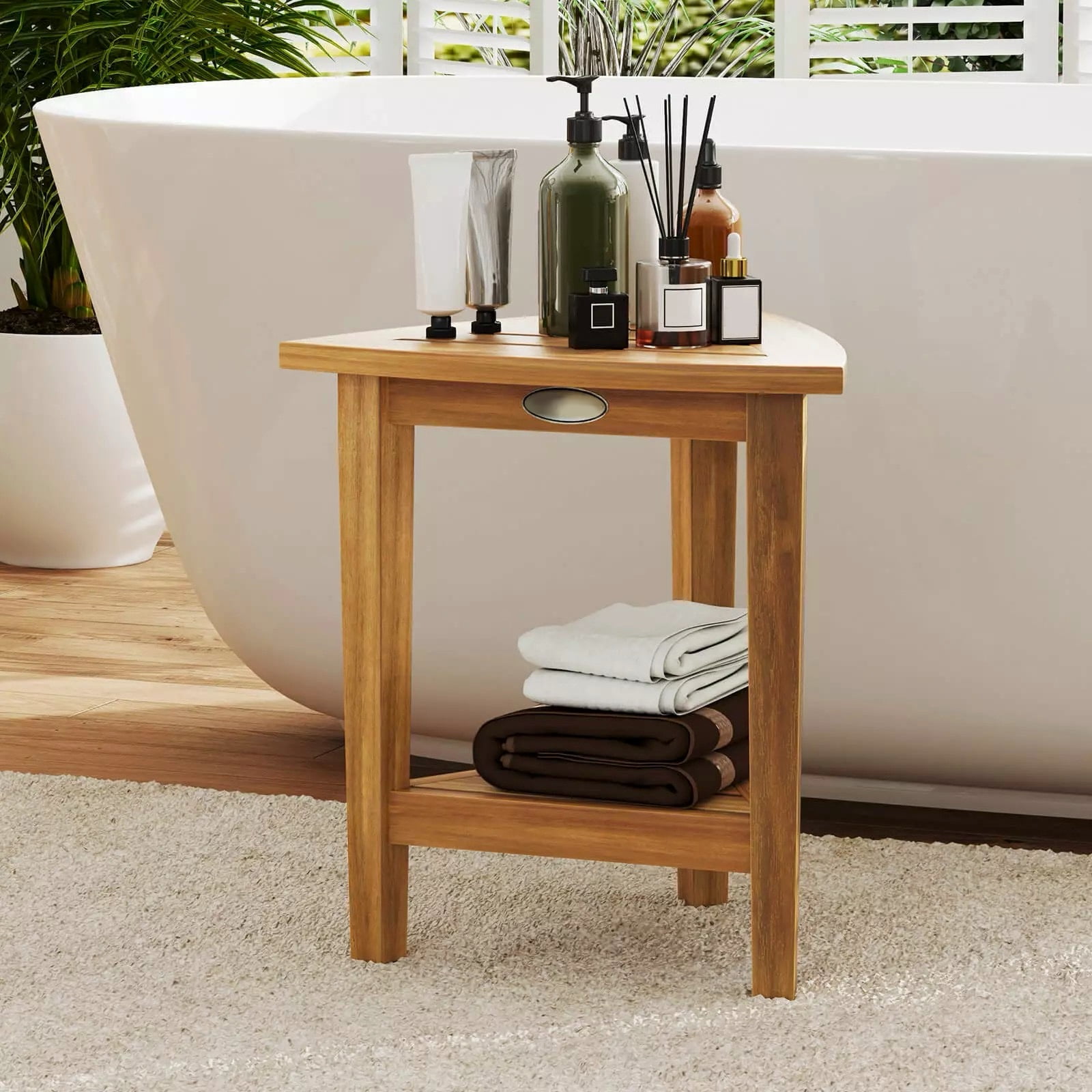 Harmijoy Shower Stool Teak Wood Corner Bath Stool with Storage Shelf ...