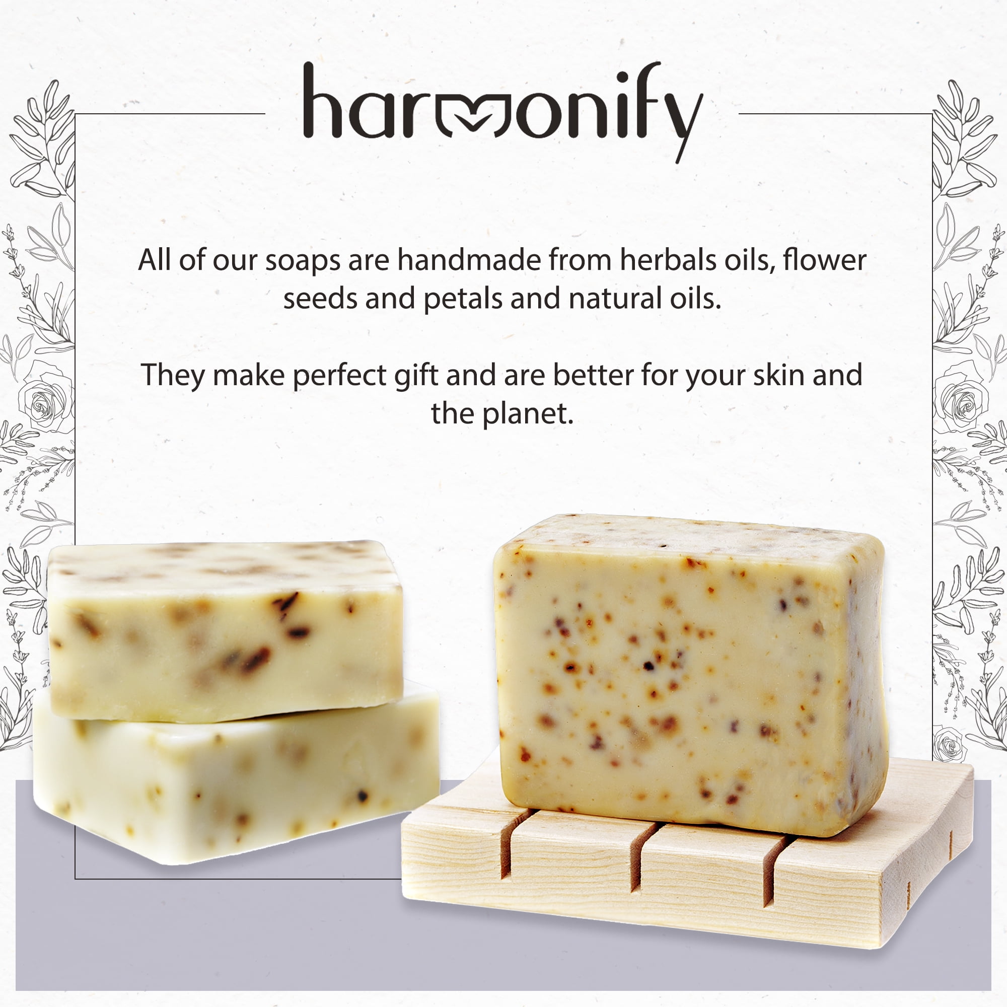 Harmonify Natural Set of Soap Bars (Rose, Lavender, Olive Oil) with Wooden Soap Dish, Assortment ...