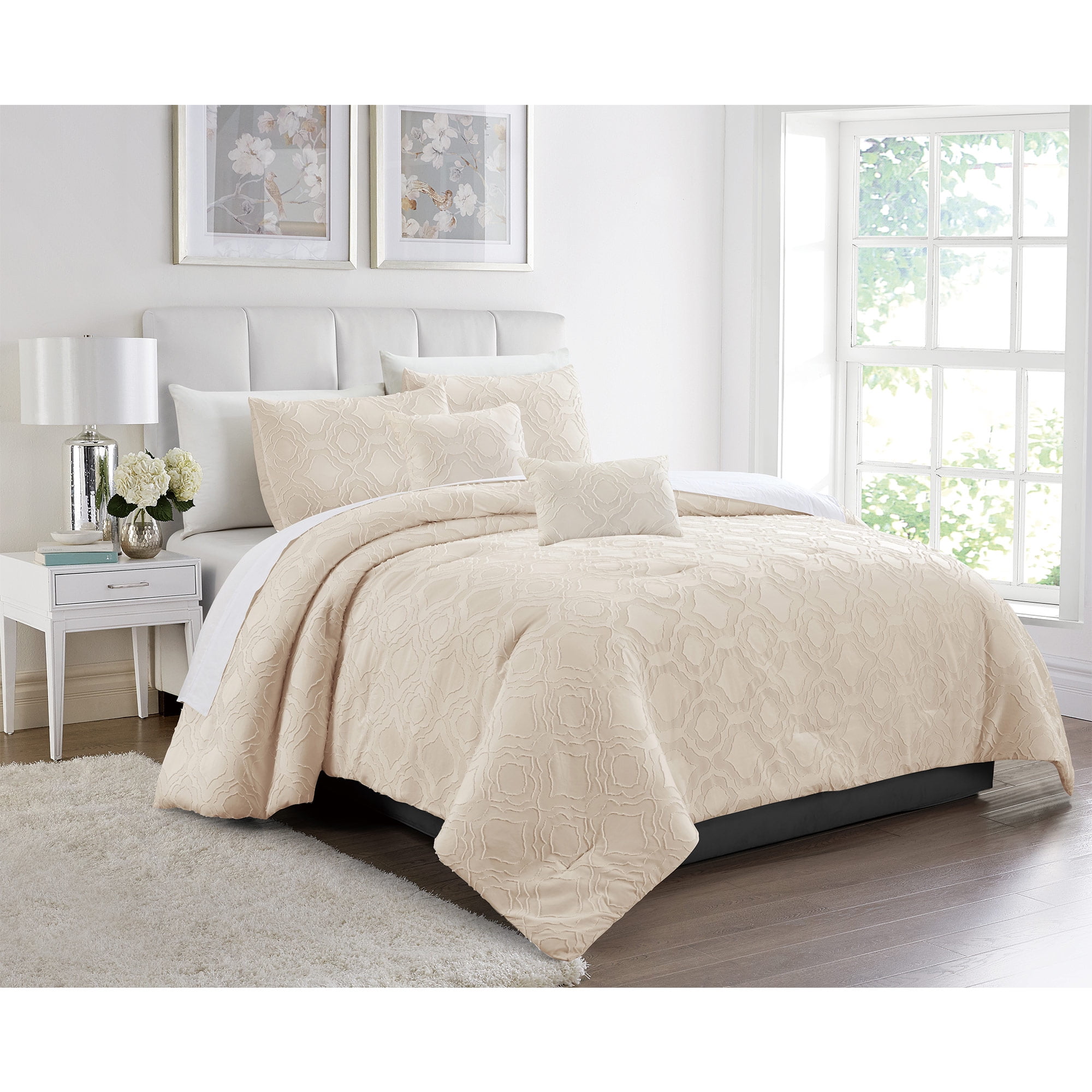 Harmony 5 Piece Moroccan Clip Jacquard Comforter Set, Ivory, Queen ...