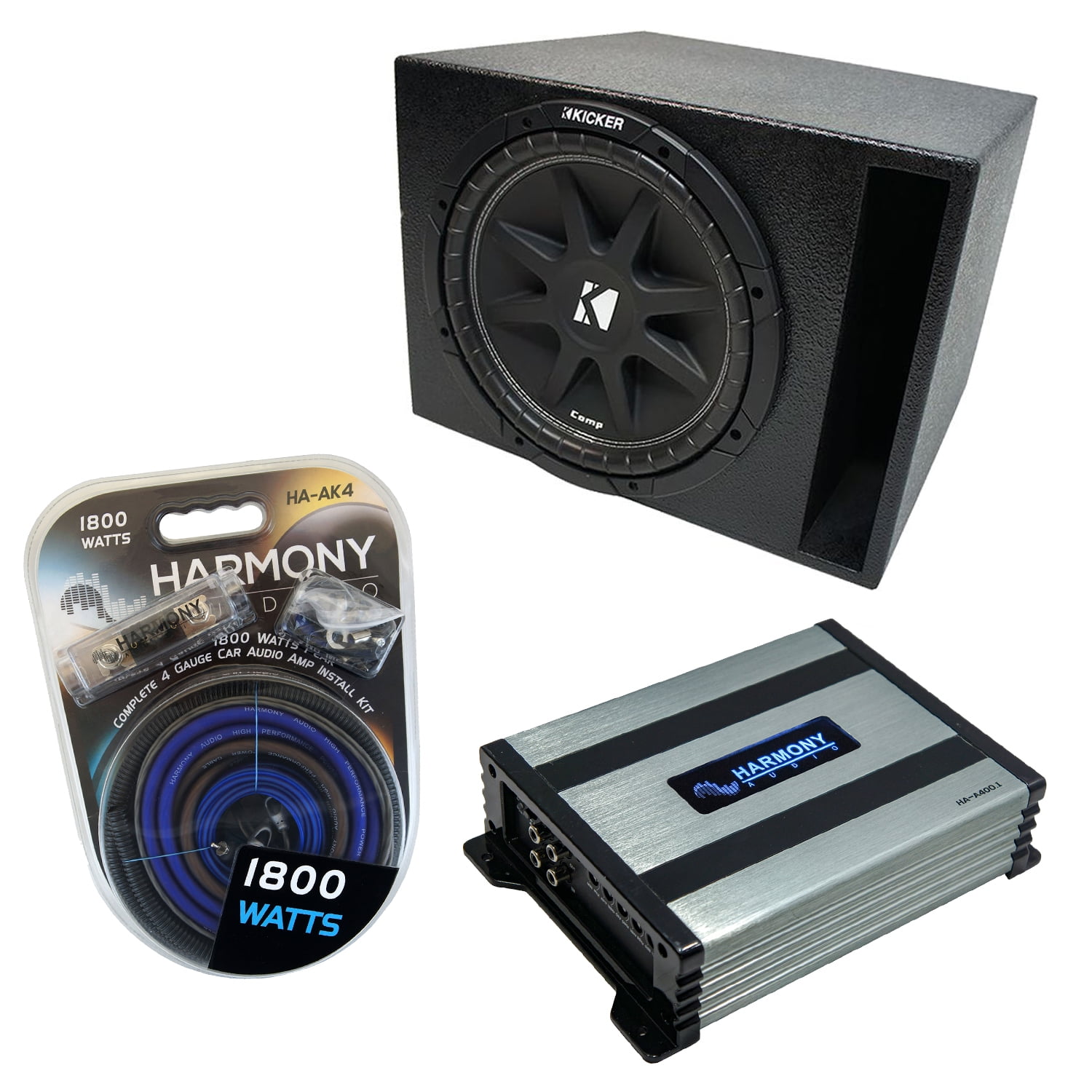 "Kicker Comp C12 12"" Subwoofer with Rhino Coated Ported Box & Harmony ...