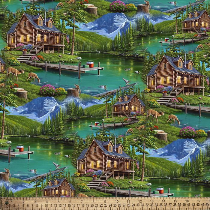 Cotton Harmony Log Cabins Lakes Multicolor Fabric Print by Yard D772.98 ...