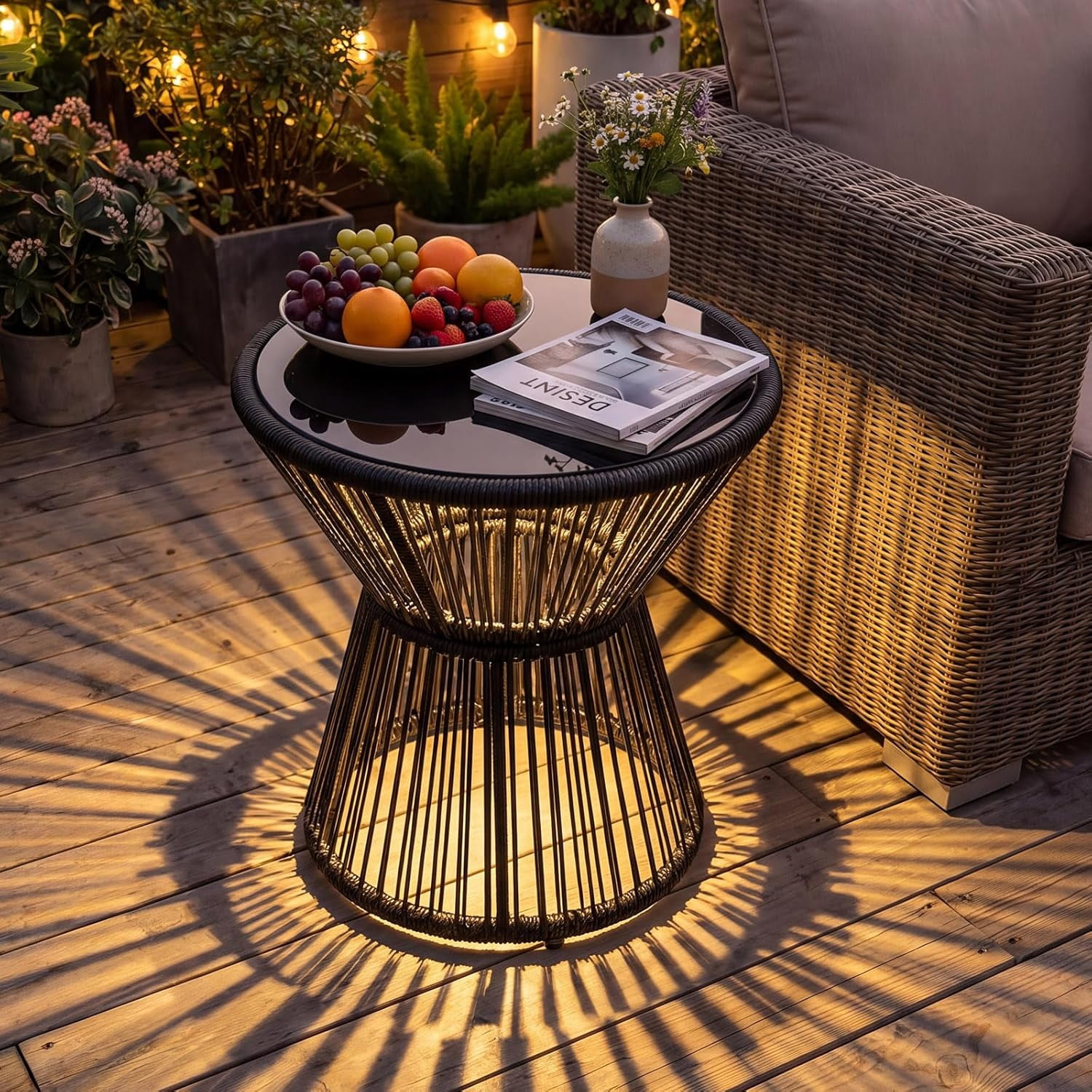 HarmonyStrings Outdoor Side Table with LED Warm Light, PE Rattan ...