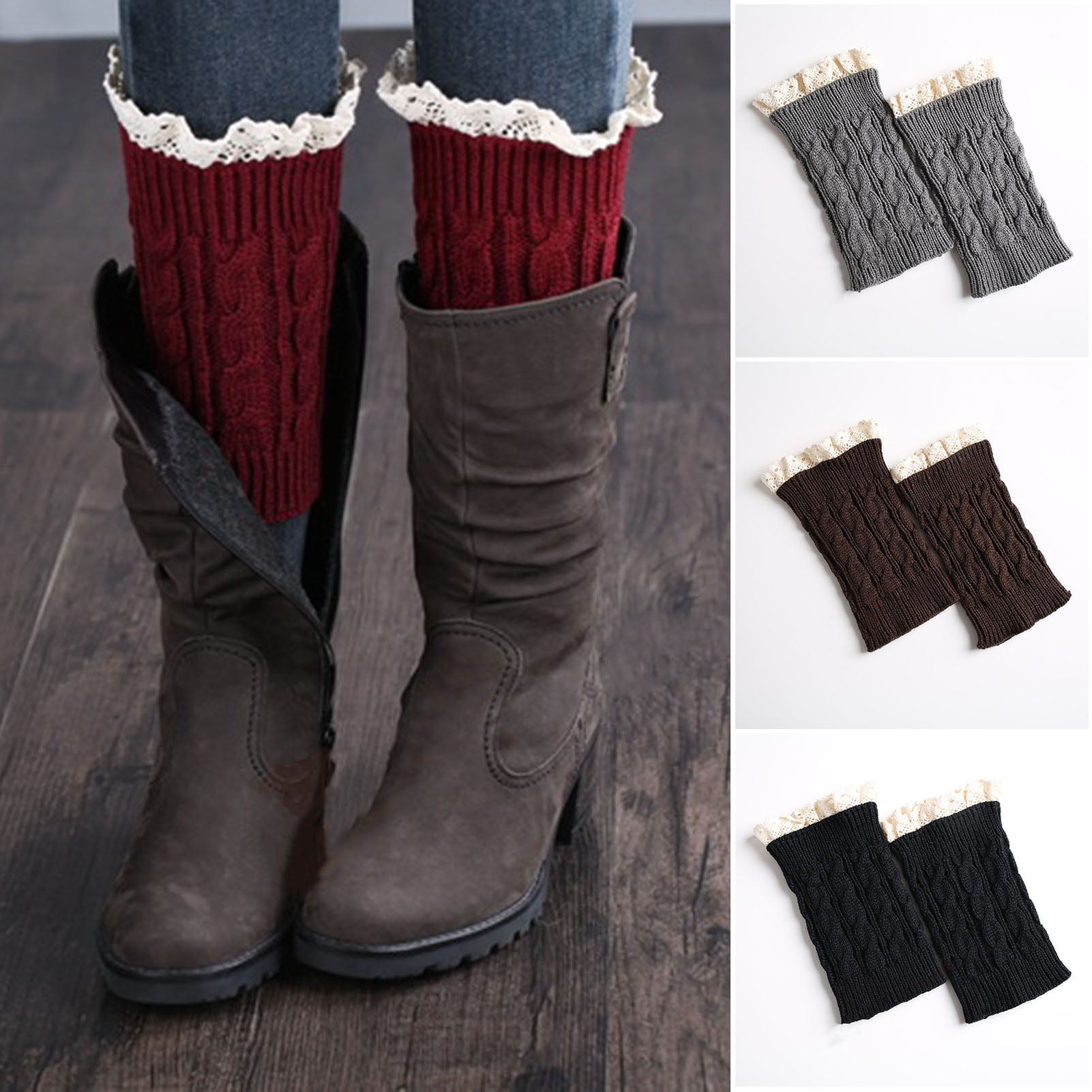 Harmtty 1 Pair Calf Covers for Boots Lace Trim Knitted Thick Keep Warm ...