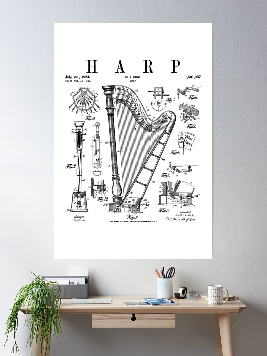 Harp Vintage Patent Harpist Drawing Print Poster Wall Art, Modern Wall ...