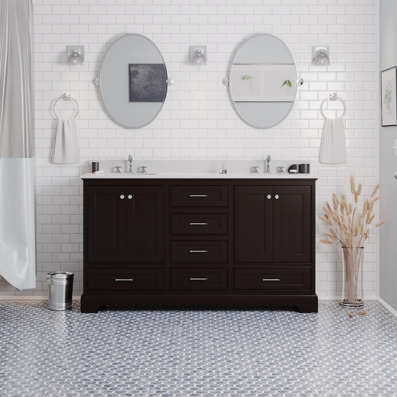 Harper 60" Double Bathroom Vanity with Chocolate Cabinet and Quartz Top ...