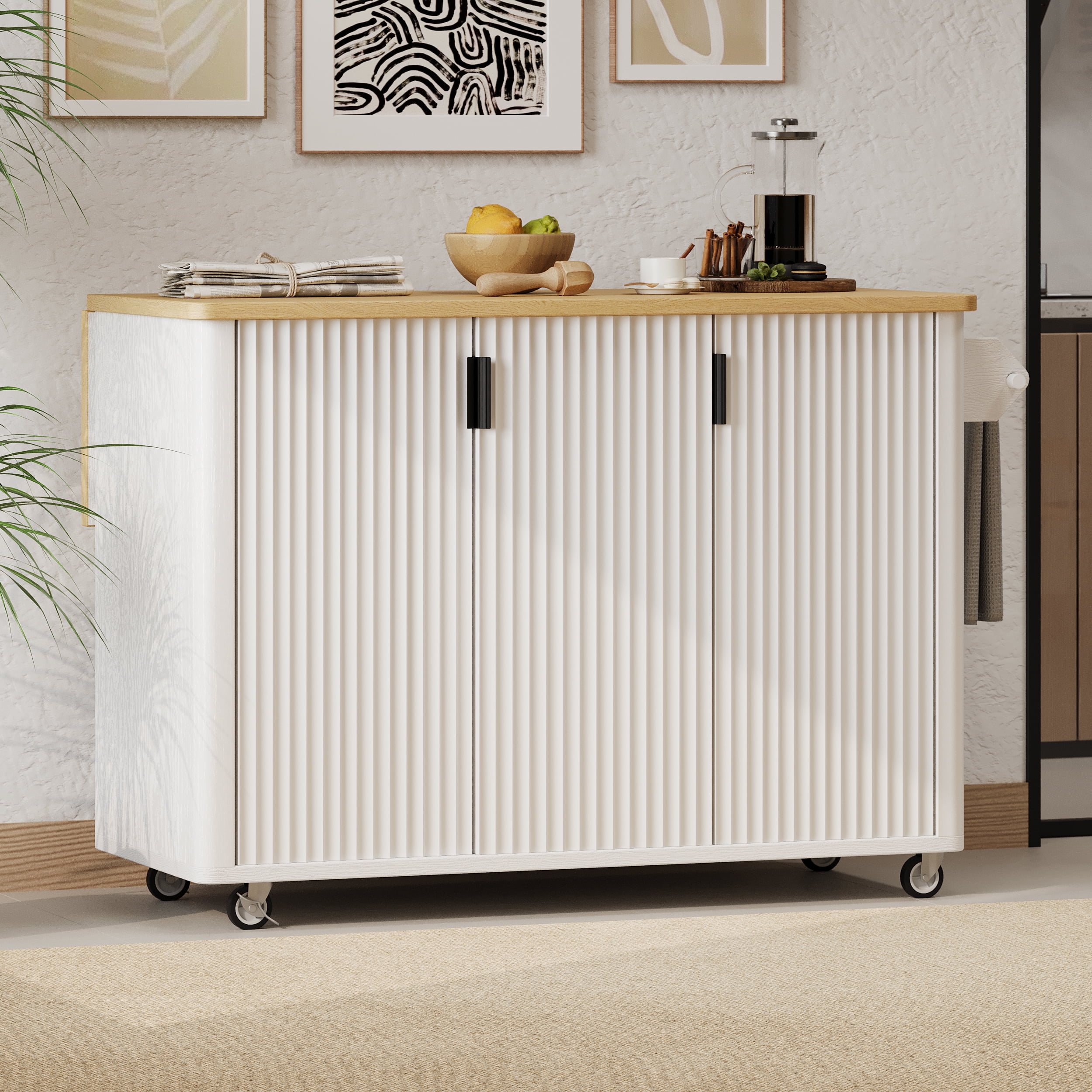 Harper & Bright Designs Fluted Kitchen Island with Drop Leaf, Farmhouse ...