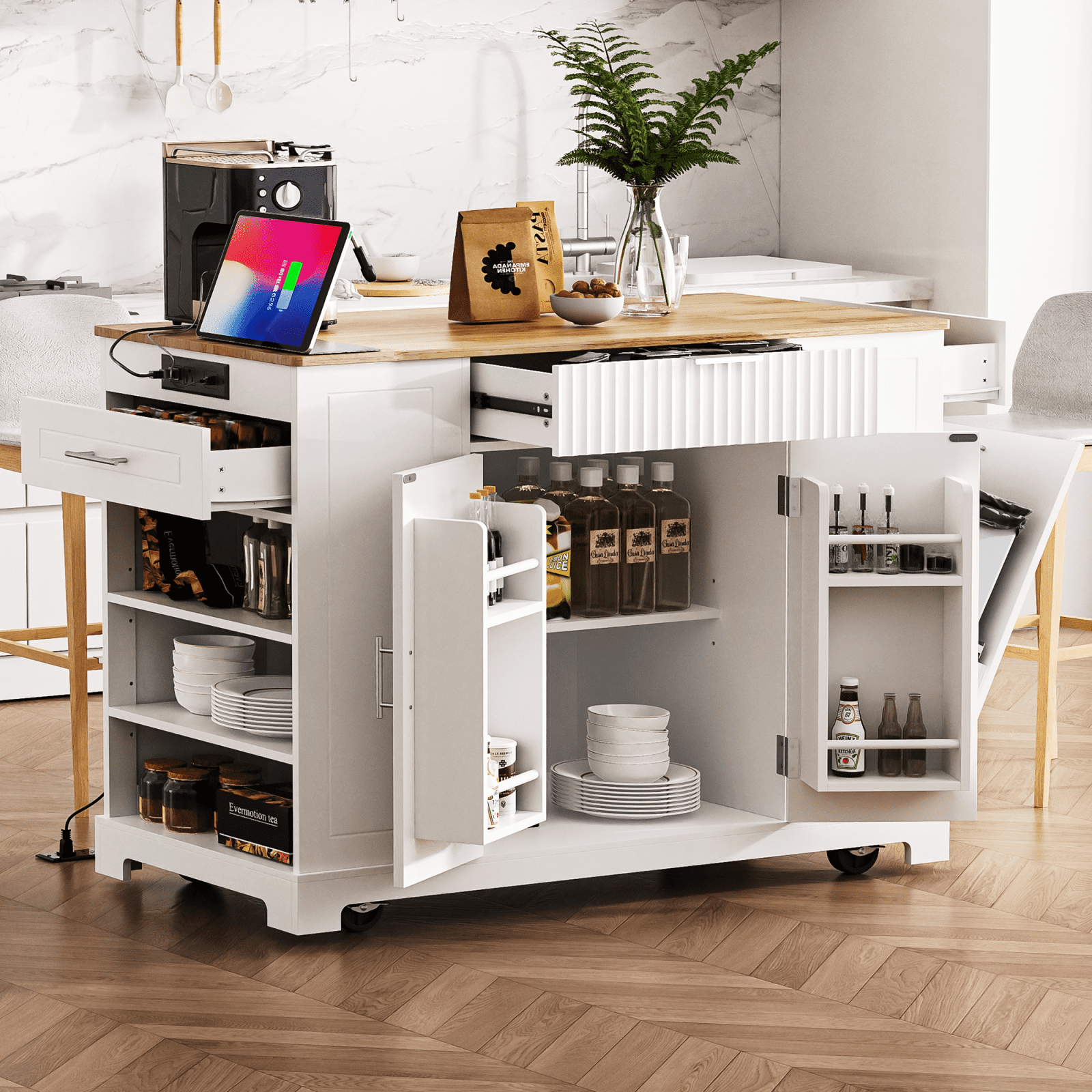 Harper & Bright Designs Fluted Kitchen Island with Trash Can Storage ...
