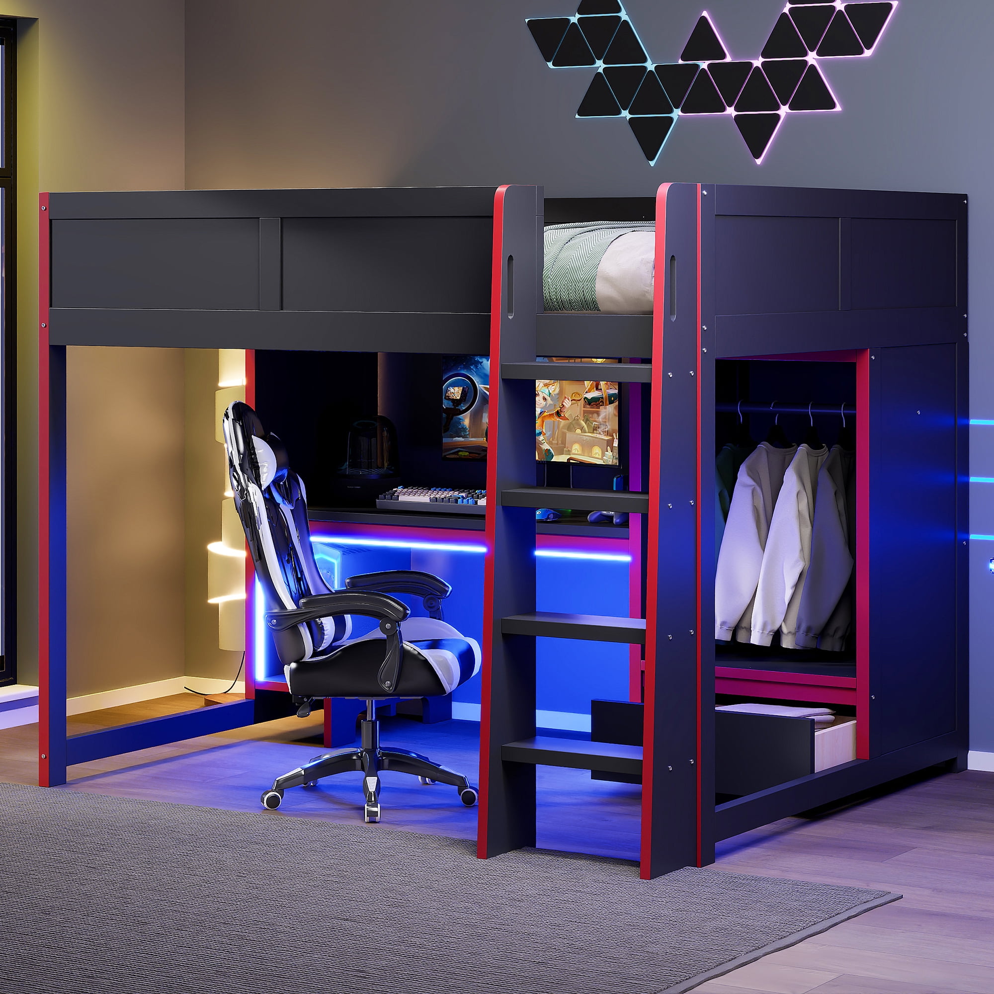 Harper & Bright Designs Full Gaming Loft Bed with Desk and LED Lights ...