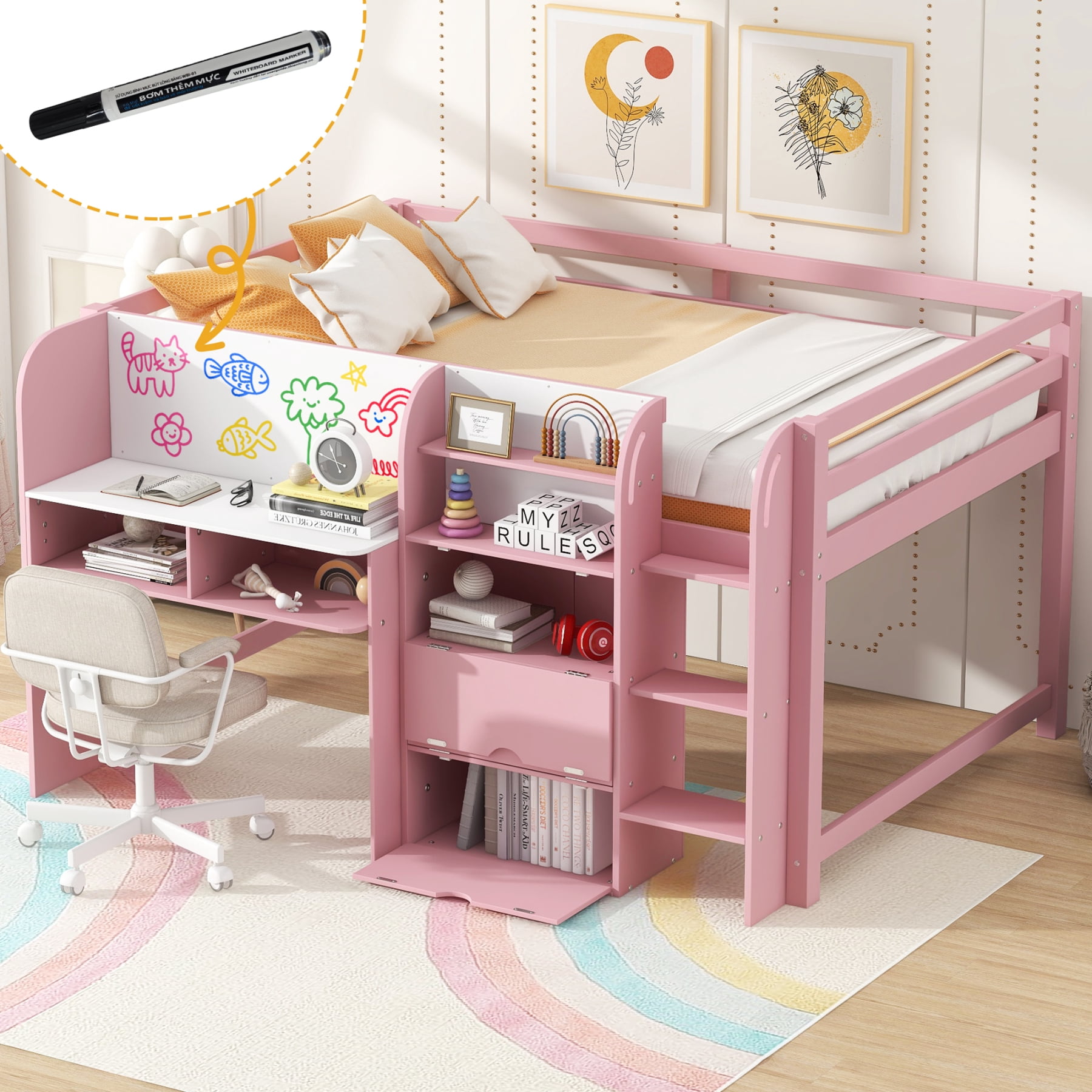 Harper & Bright Designs Full Low Loft Bed with Desk & Storage, Solid ...