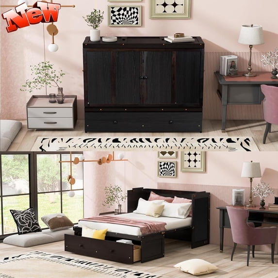 Harper & Bright Designs Full Murphy Bed with USB Charging Station and ...