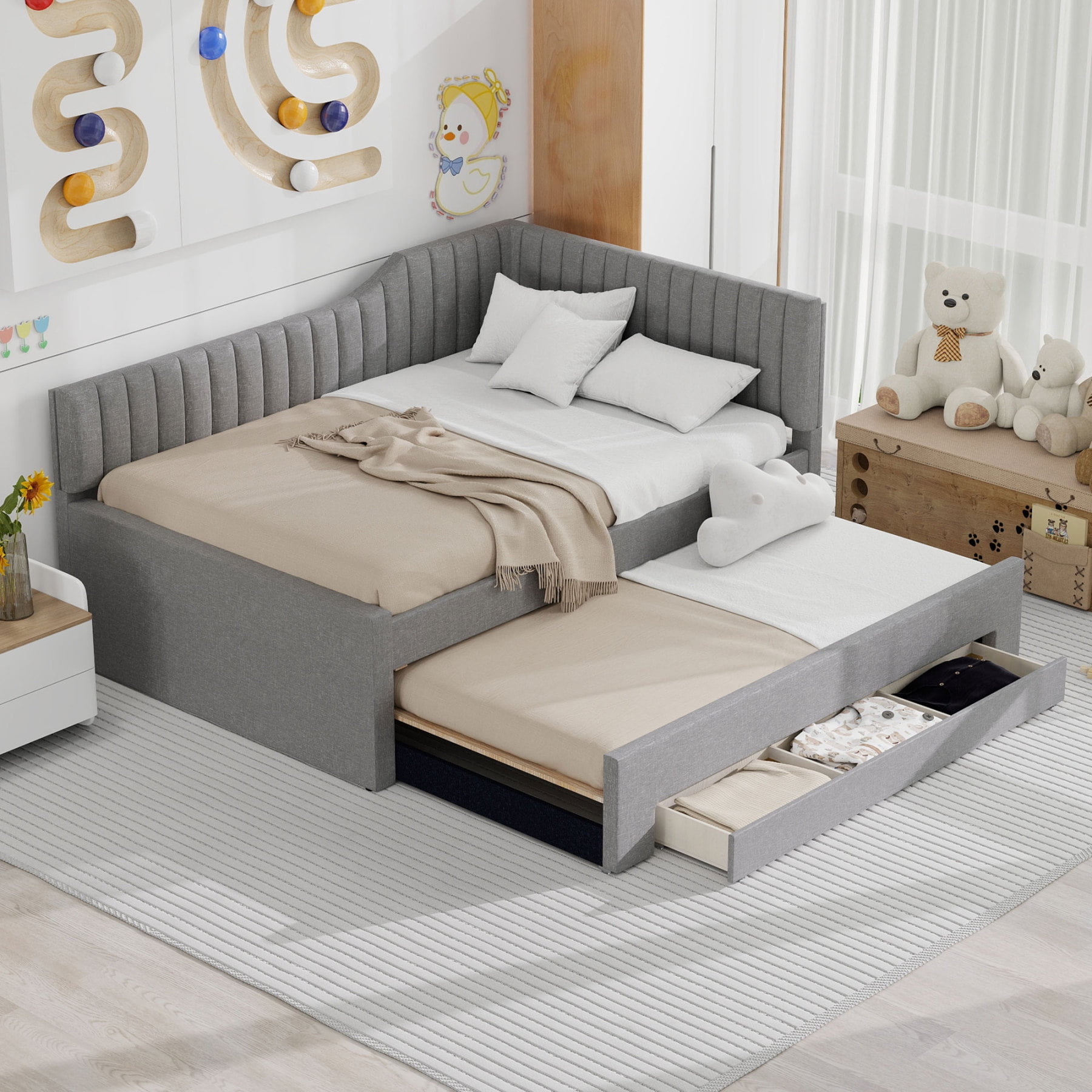 Harper & Bright Designs Full Size L Shaped Platform Bed with Trundle ...