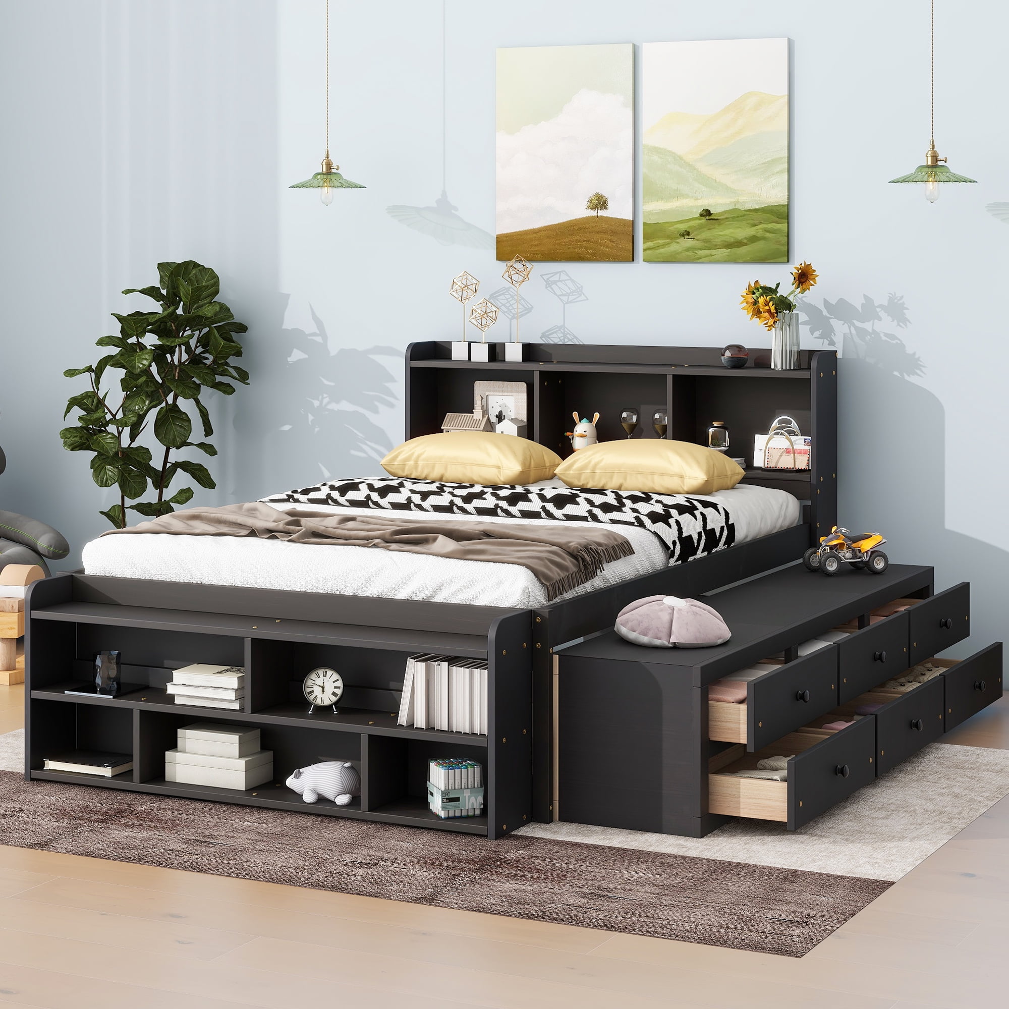 Harper & Bright Designs Full Size Platform Bed with Bookcase Headboard ...