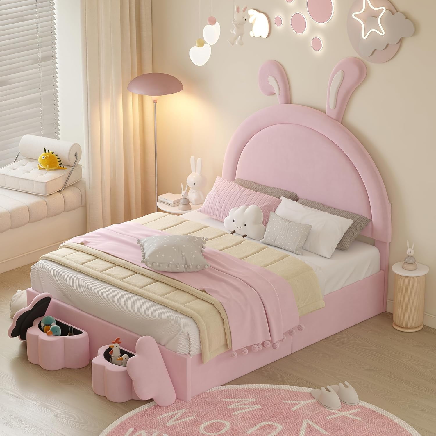 Harper & Bright Designs Full Size Princess Bed with 2 Storage Stools ...