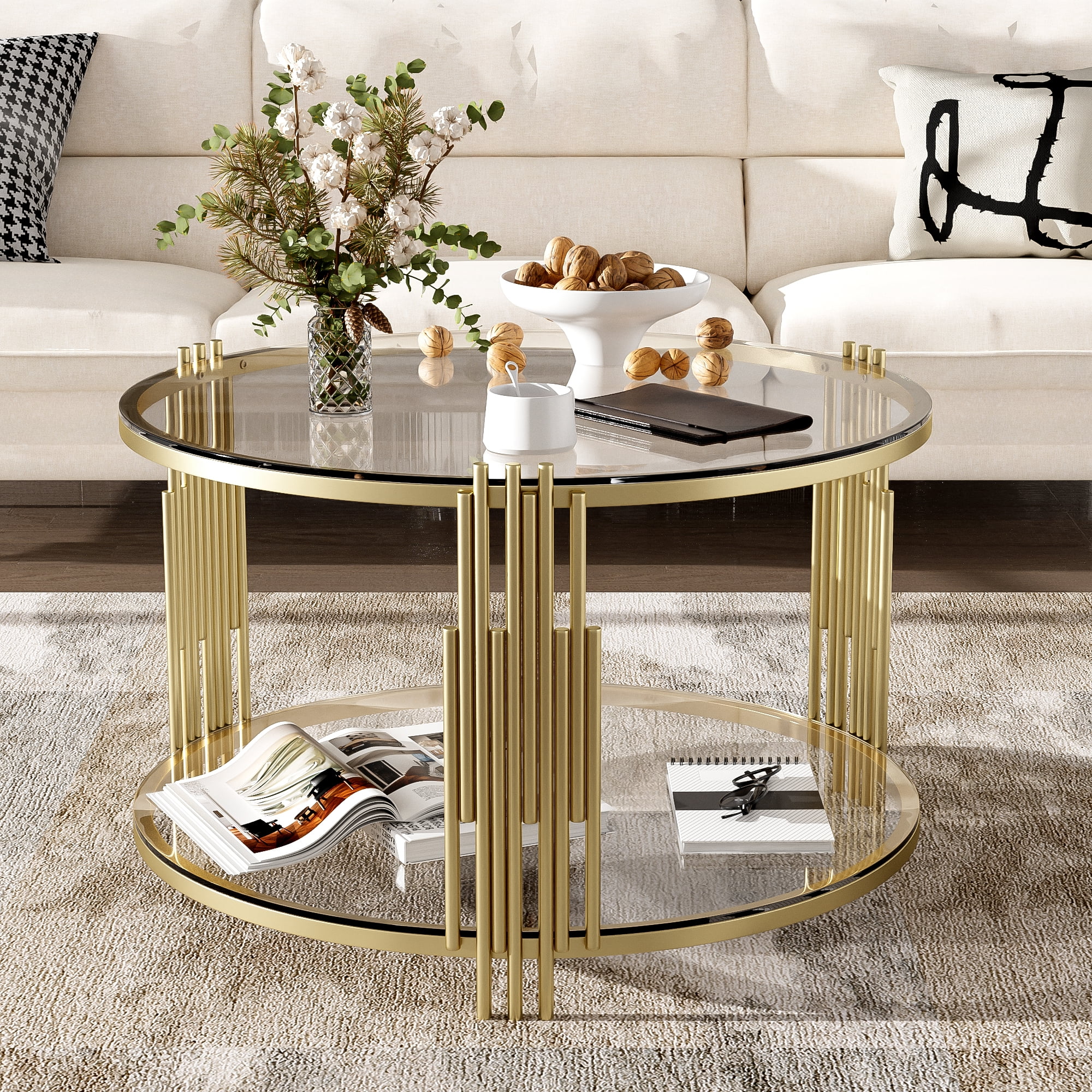 Harper & Bright Designs Gold Glass Coffee Table with Dower Shelf ...