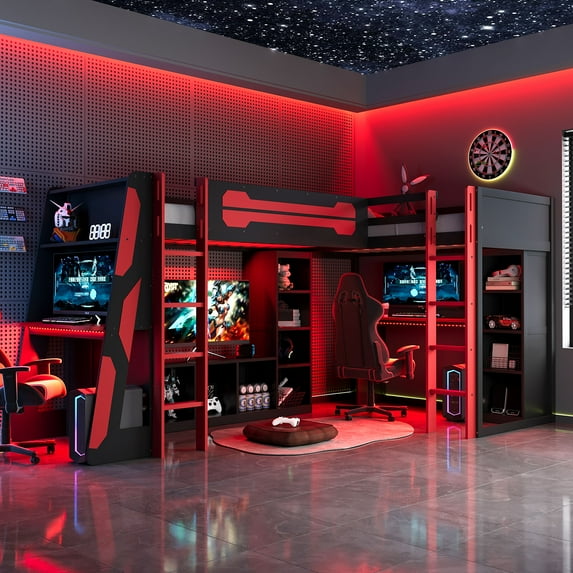 Harper & Bright Designs L-Shaped Gaming Loft Bed with Desks, Double ...