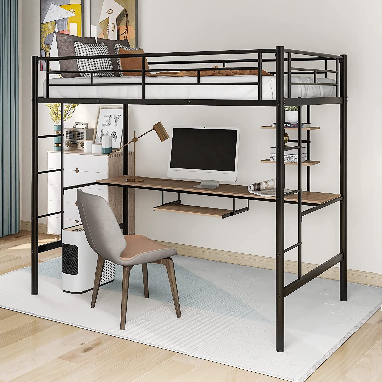 Harper & Bright Designs Loft Bed, Metal Twin Loft with Desk and Shelves ...