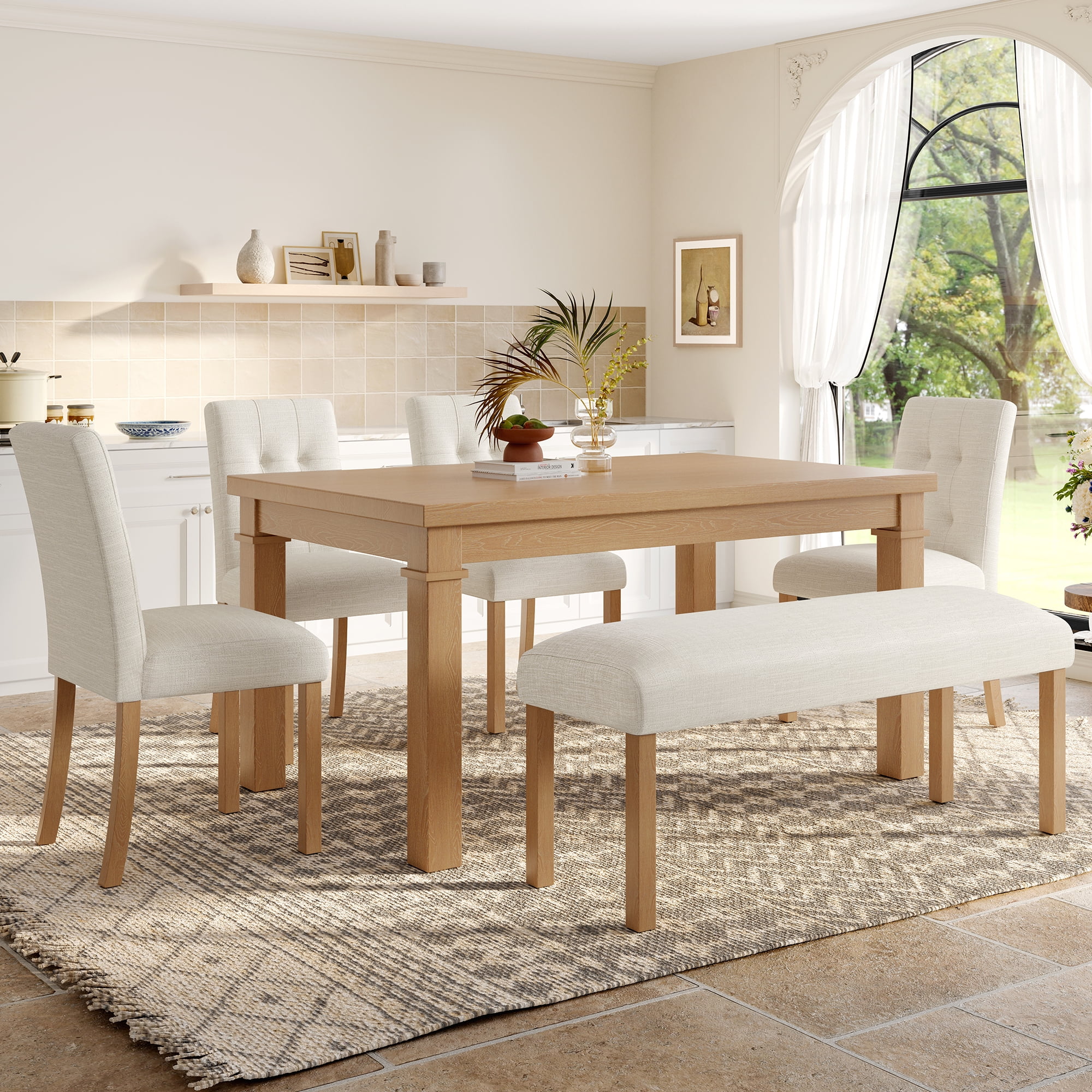 Harper & Bright Designs Minimalist Dining Table Set for 6 with Bench, 6 ...