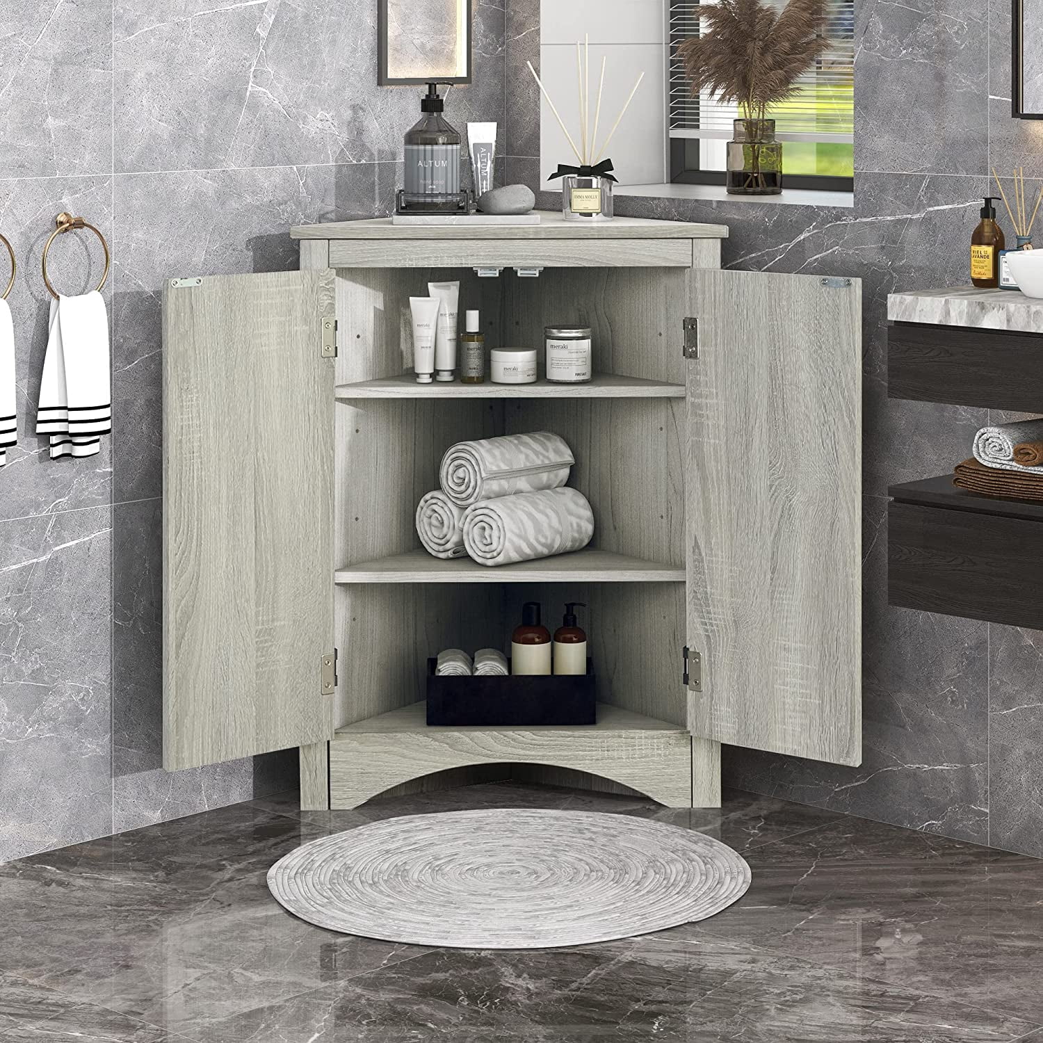Harper & Bright Designs Oak Triangle Bathroom Storage Cabinet with ...