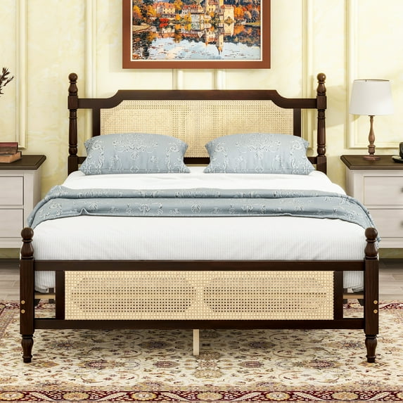 Harper & Bright Designs Queen Size Platform with Rattan Headboard and ...