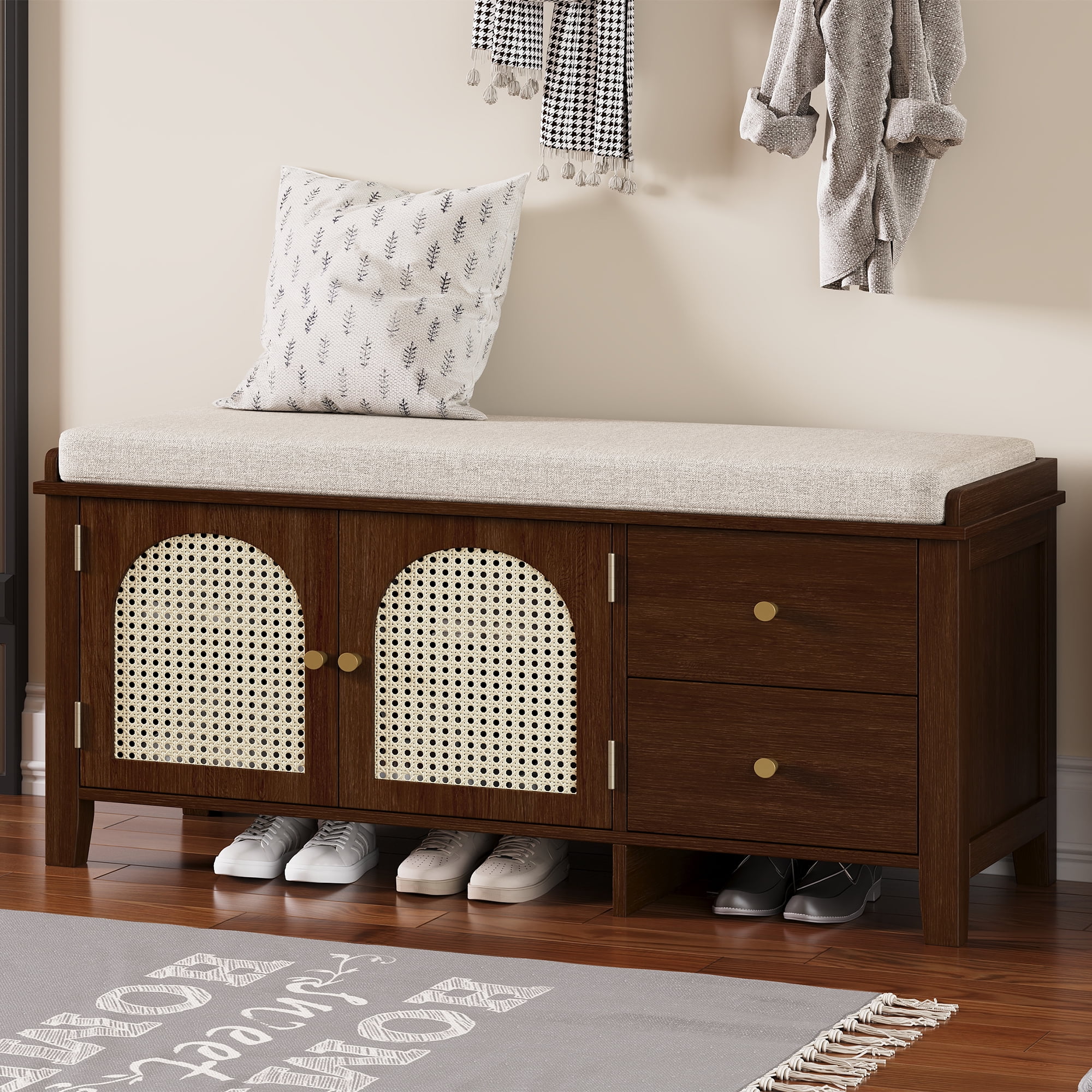 Harper & Bright Designs Rattan Shoe Storage Bench with Cushion ...