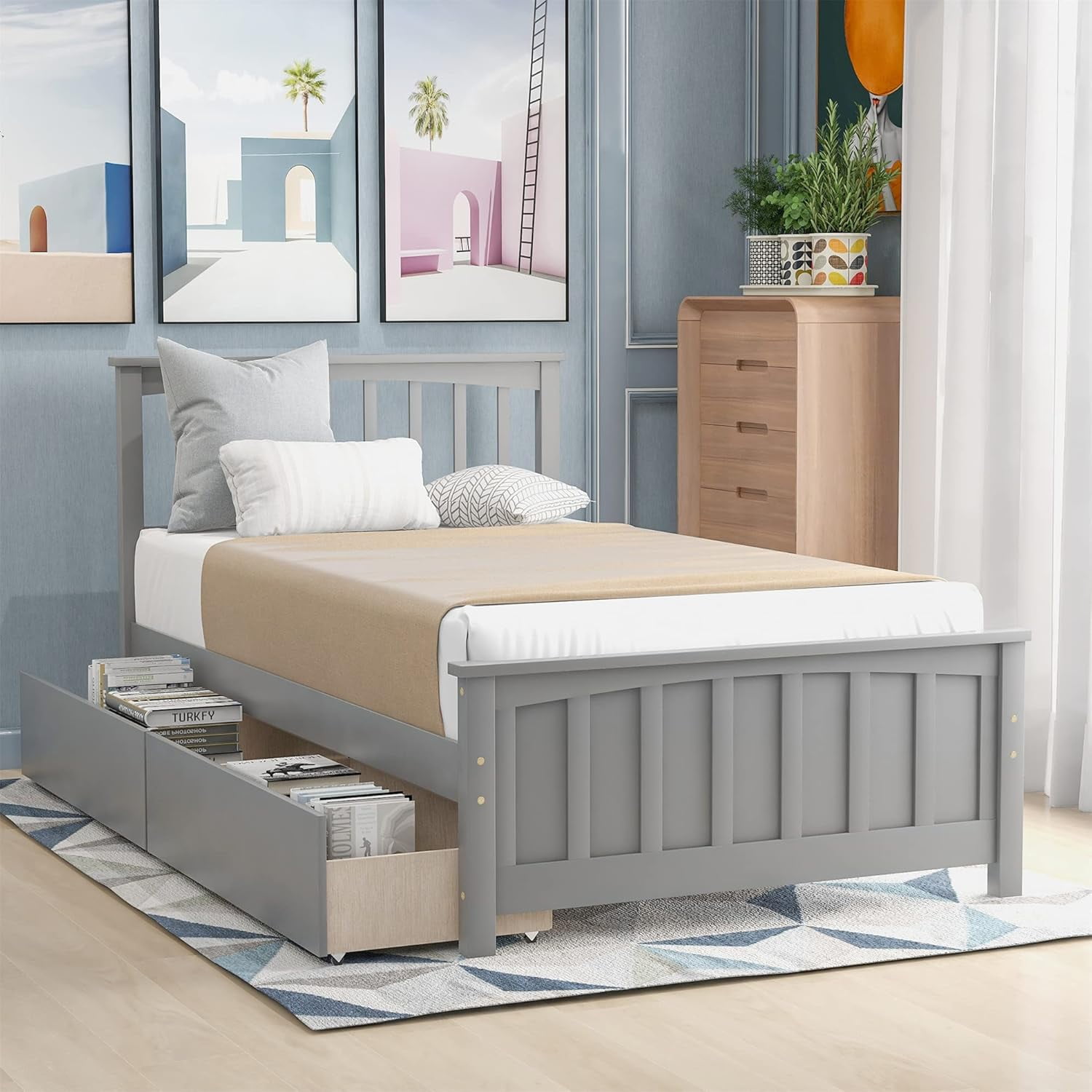 Harper & Bright Designs Twin Platform Bed with Drawers, Solid Wood Bed ...