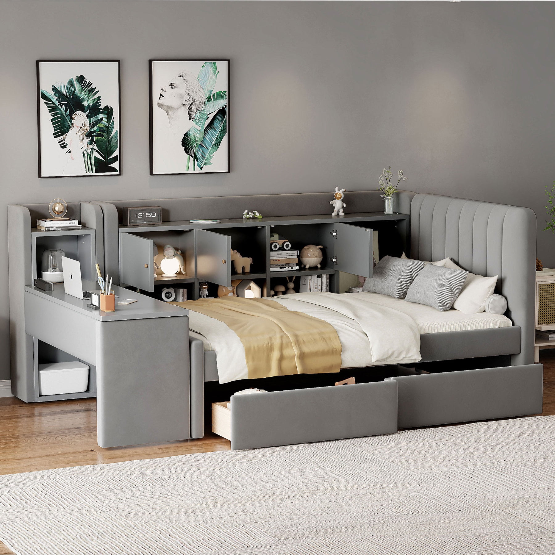 Harper & Bright Designs Twin Size Corner Bed Frame with Drawers, Daybed ...