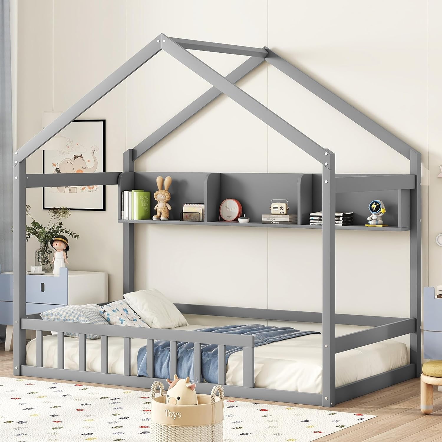 Harper & Bright Designs Twin Size House Bed with Storage Shelf, Wood ...