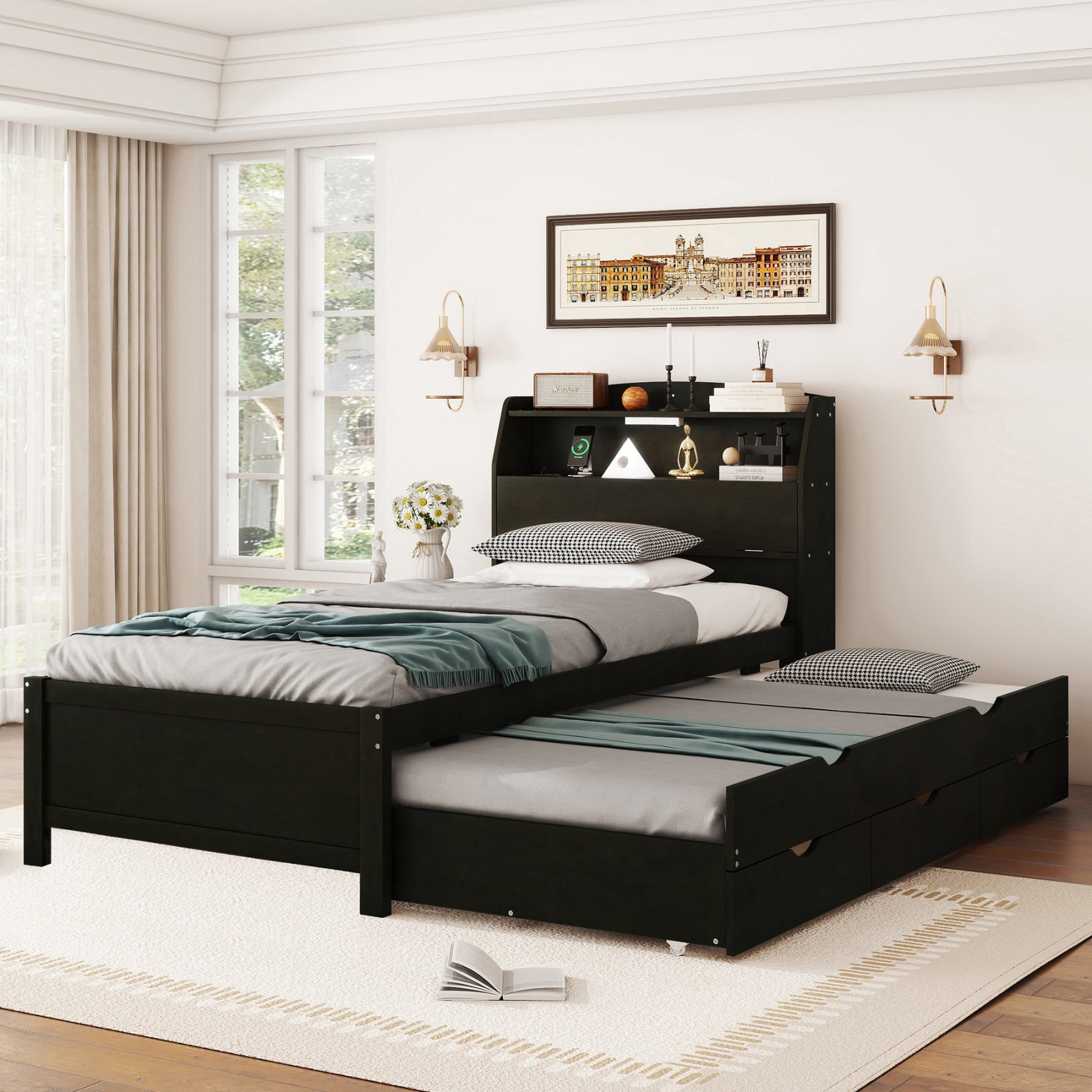 Harper & Bright Designs Twin Size Platform Bed Frame with Trundle and 3 ...