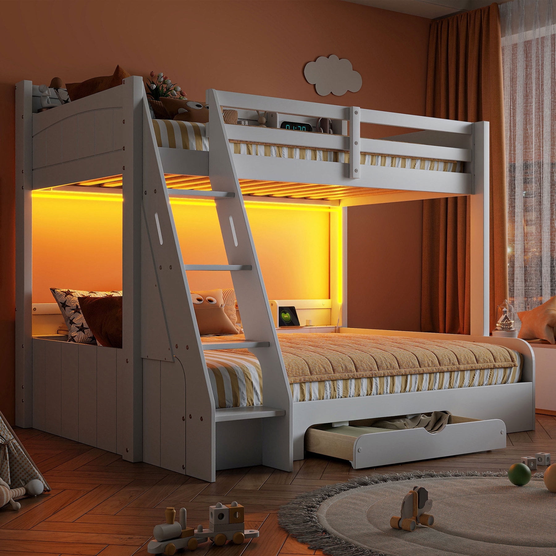 Harper & Bright Designs Twin over Full Bunk Bed with Storage, LED ...