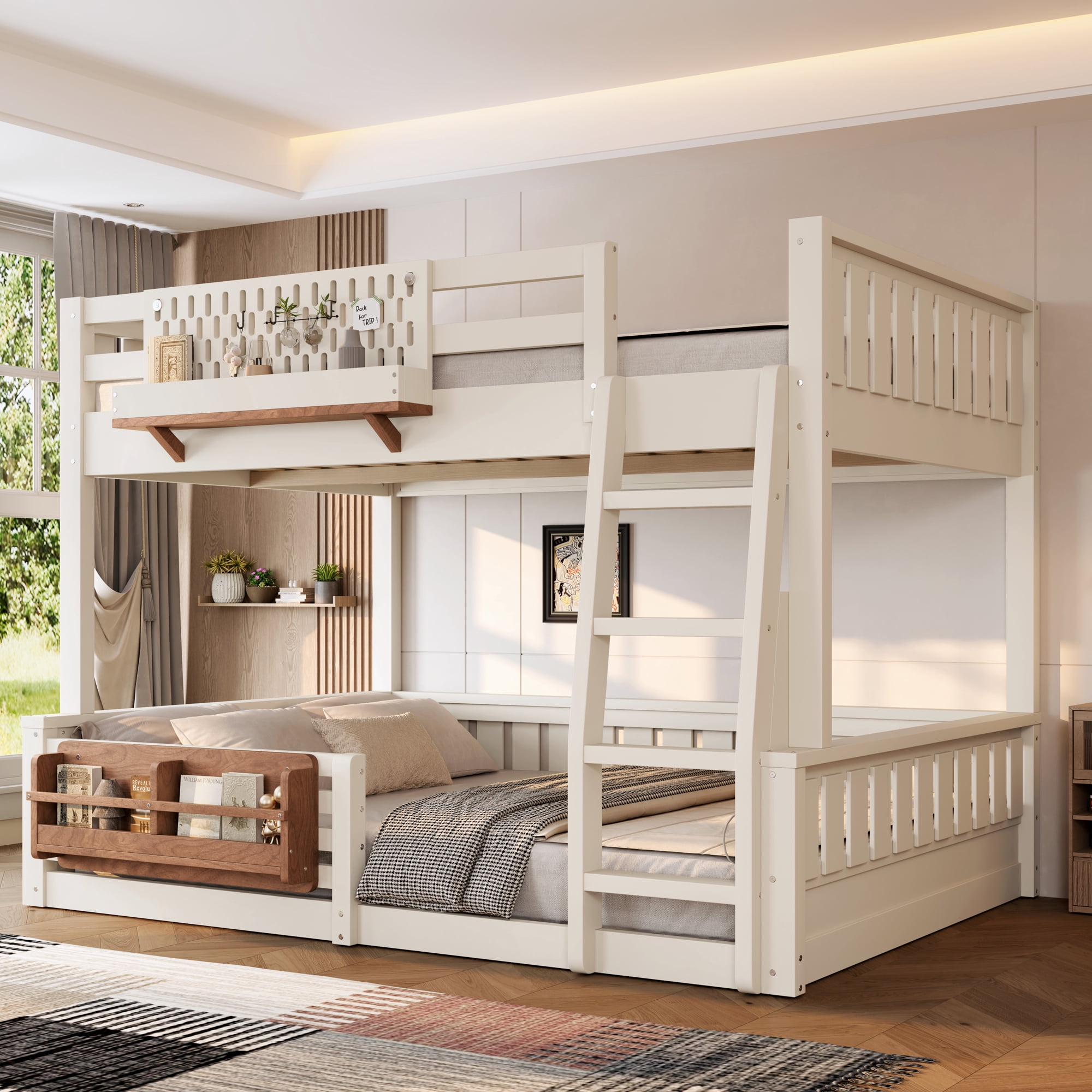 Harper & Bright Designs Wood Bunk Bed with Bookshelf and Pegboard, Full ...