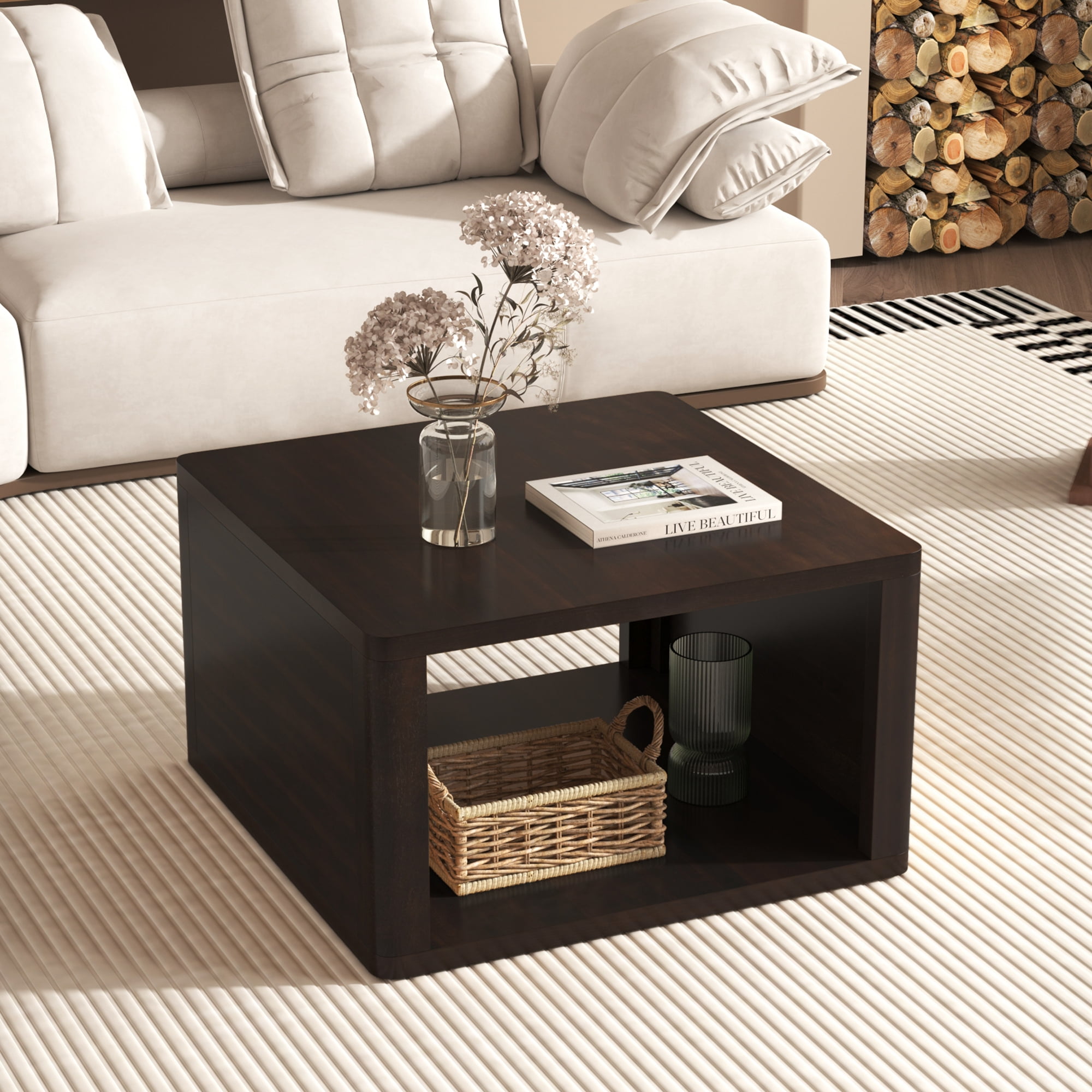 Harper & Bright Designs Wood Square Coffee Table with Storage, 2 Tier ...