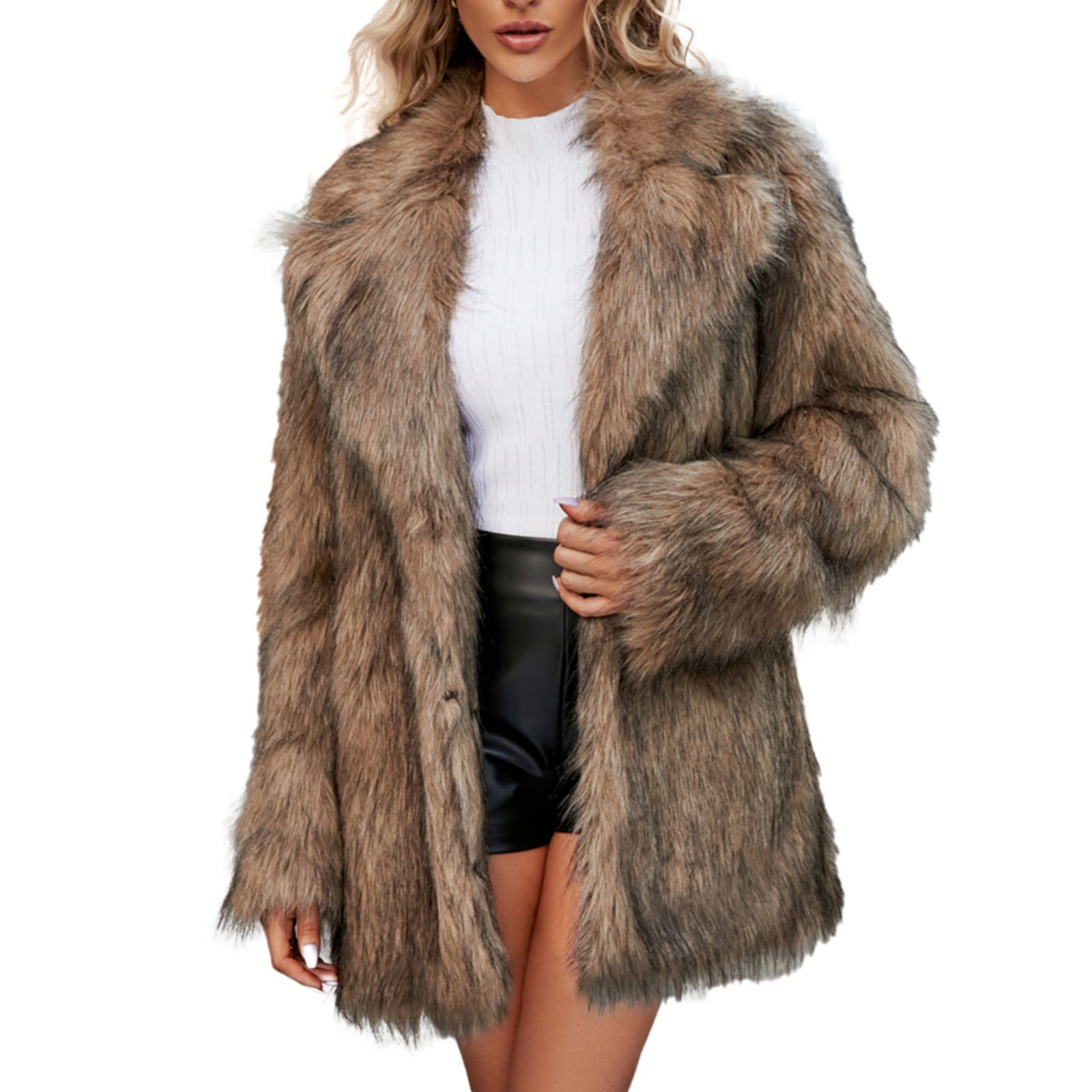 Harpily Clearance Print Faux Pelt Coat For Women Mid Length Hooded ...