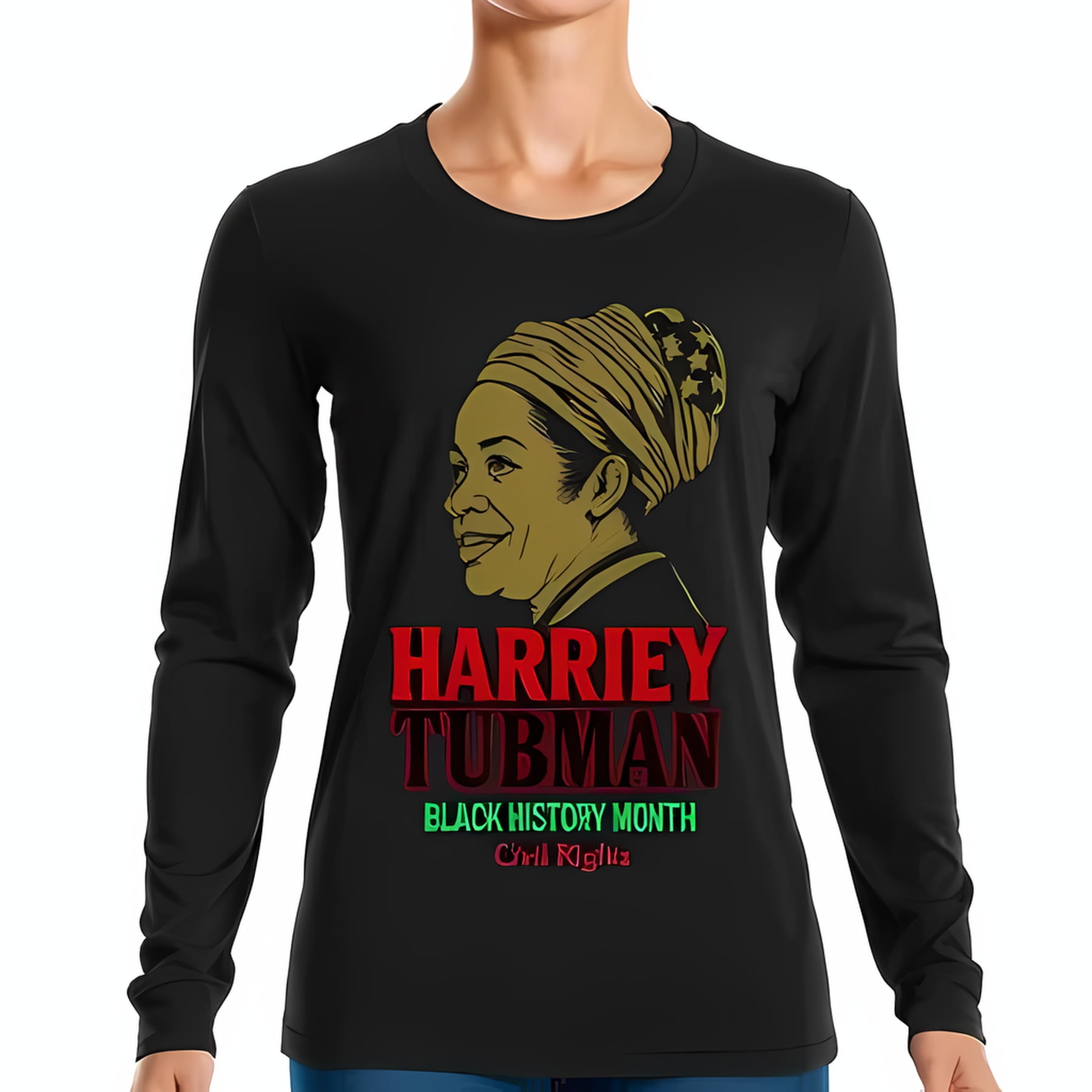 Harriet Tubman Long Sleeve T-Shirt - Gold Portrait Bold Red Text Black ...