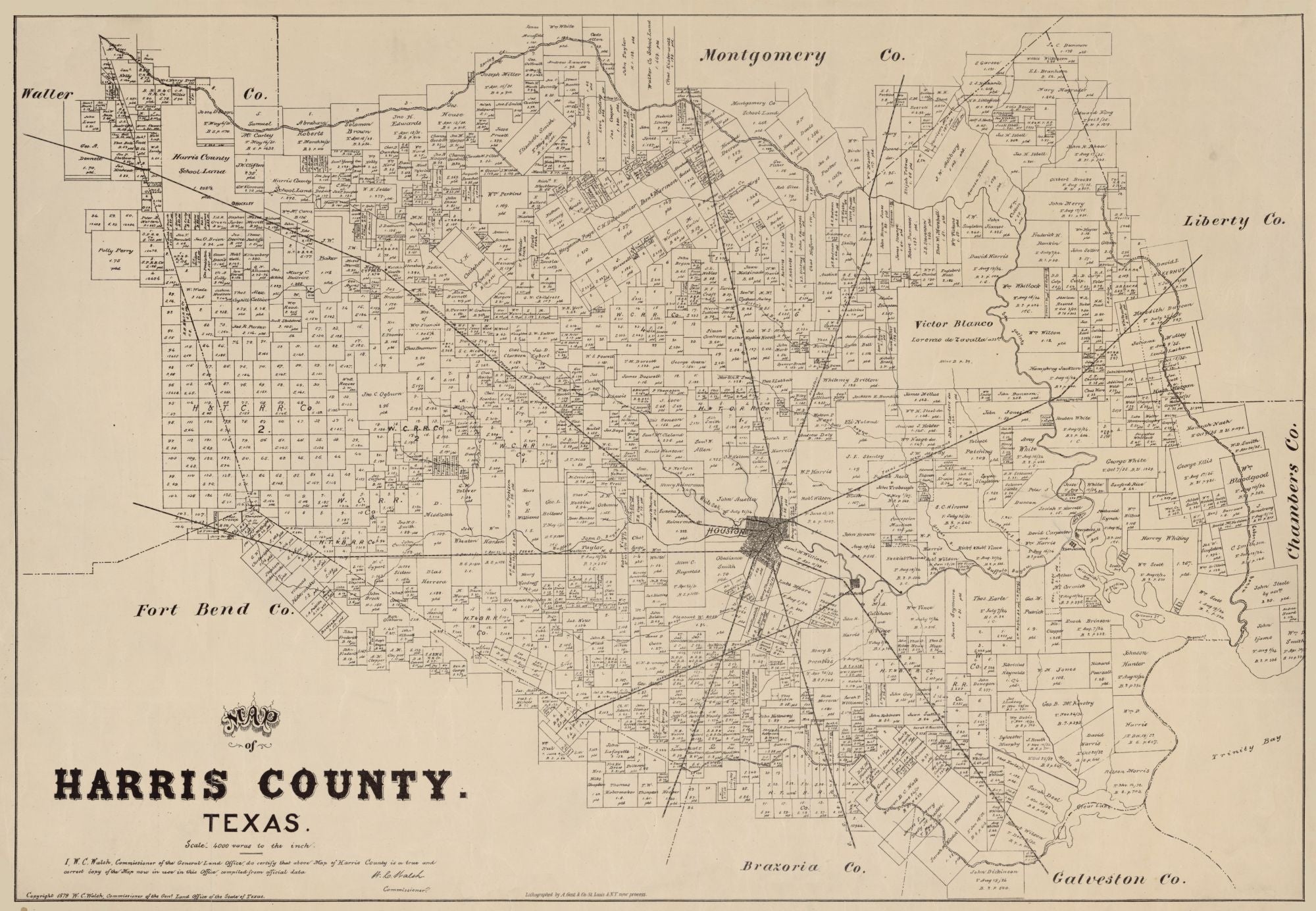 Historic County Map - Harris County Texas - Walsh 1879 - 33.24 x 23 ...