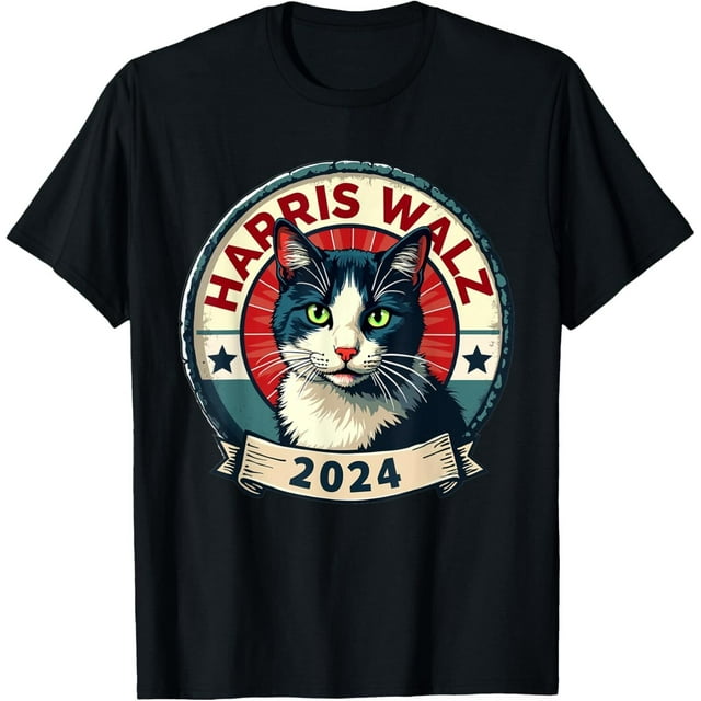 Harris Walz 2024 Funny Cat Election Kamala Harris Tim Waltz T-Shirt ...