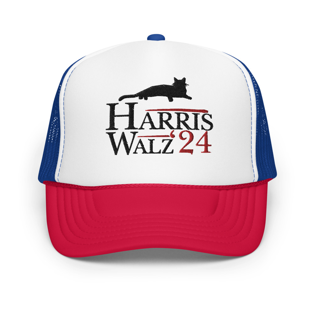 Harris Walz 2024 Lazy Cat Lady Flag Democrat Foam Trucker Hat (White ...