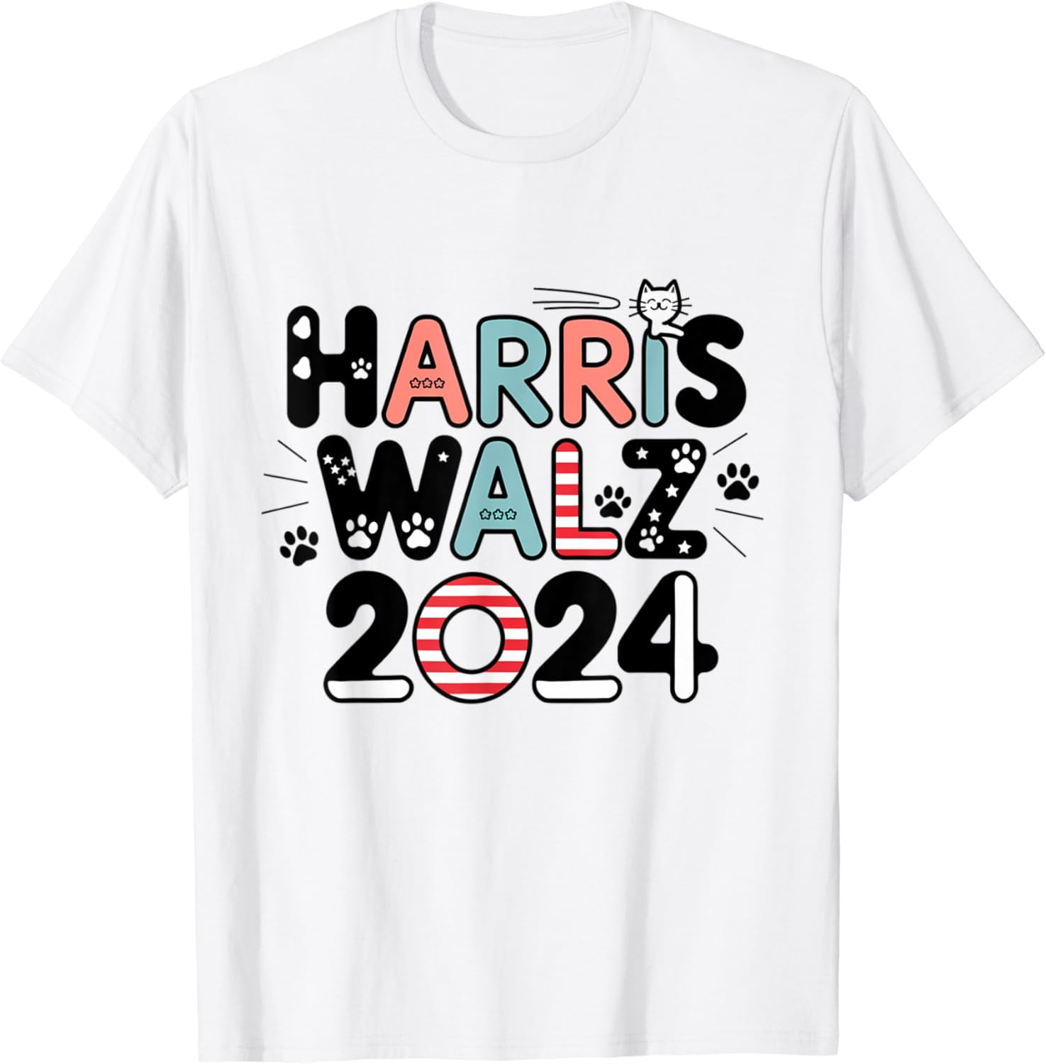 Harris Walz 2024 - White Cat and Paw Prints Design T-Shirt - Walmart.com