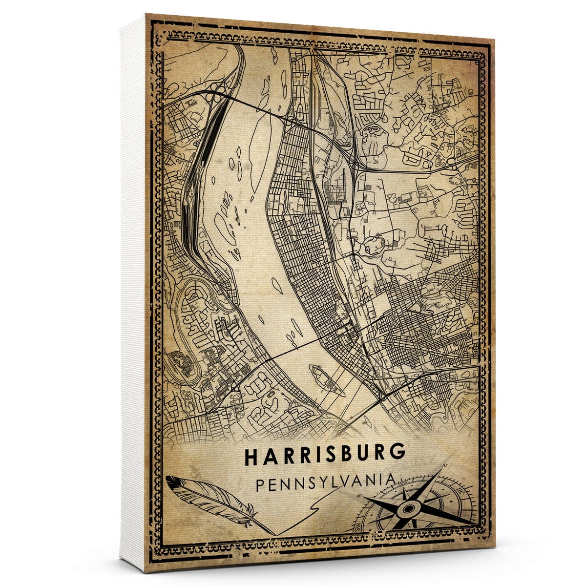 Harrisburg Vintage Map Prints Canvas, Pennsylvania Map Art Canvas ...