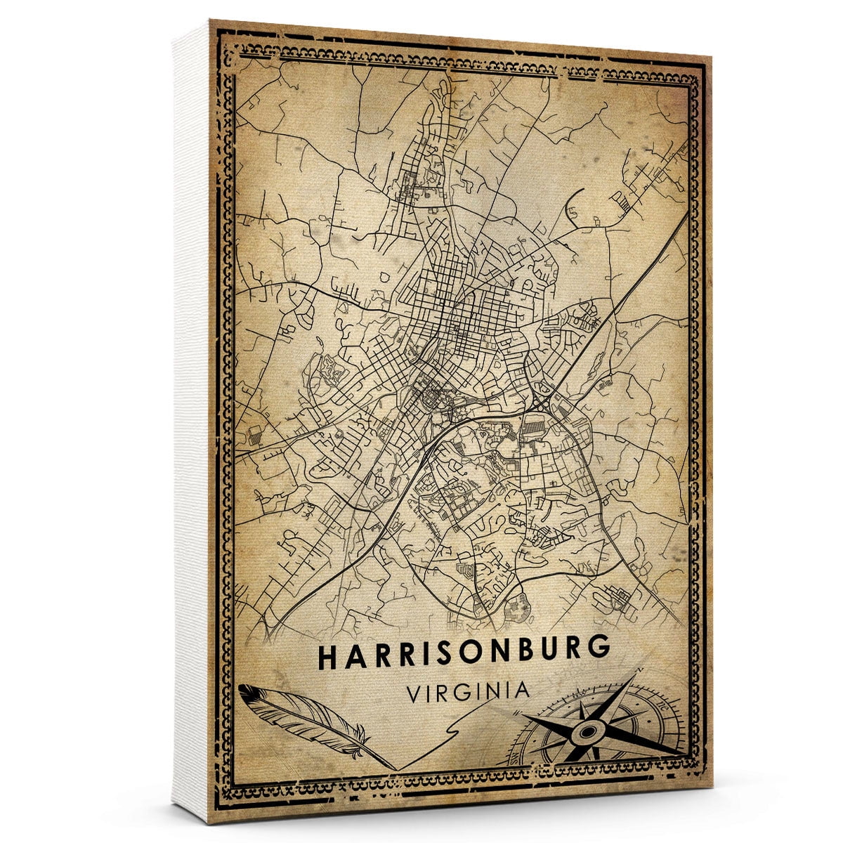 Harrisonburg Vintage Map Prints Canvas, Virginia Map Art Canvas, Canvas ...