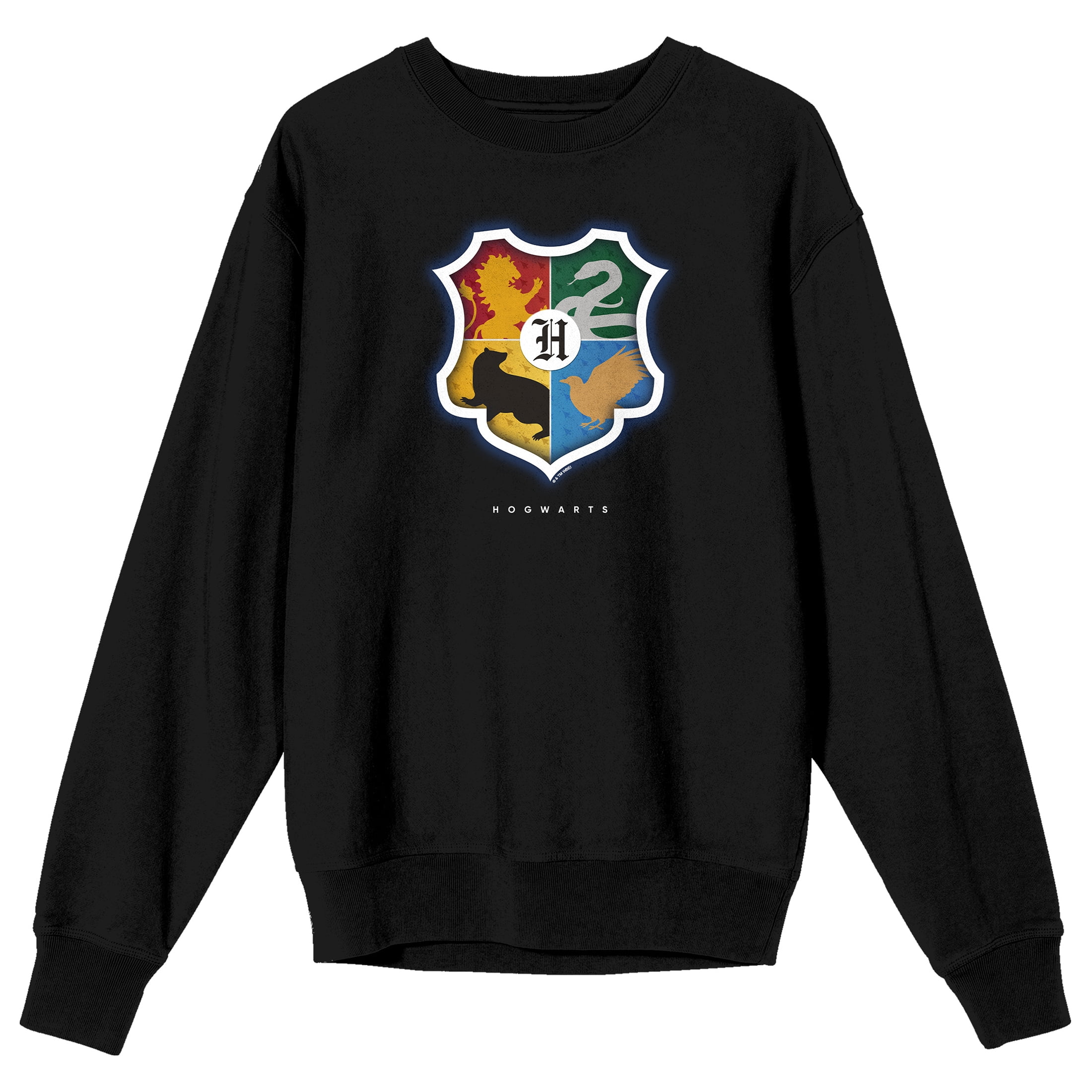Harry Potter Four Houses Hogwarts Crest Adult Black Crew Neck Long ...