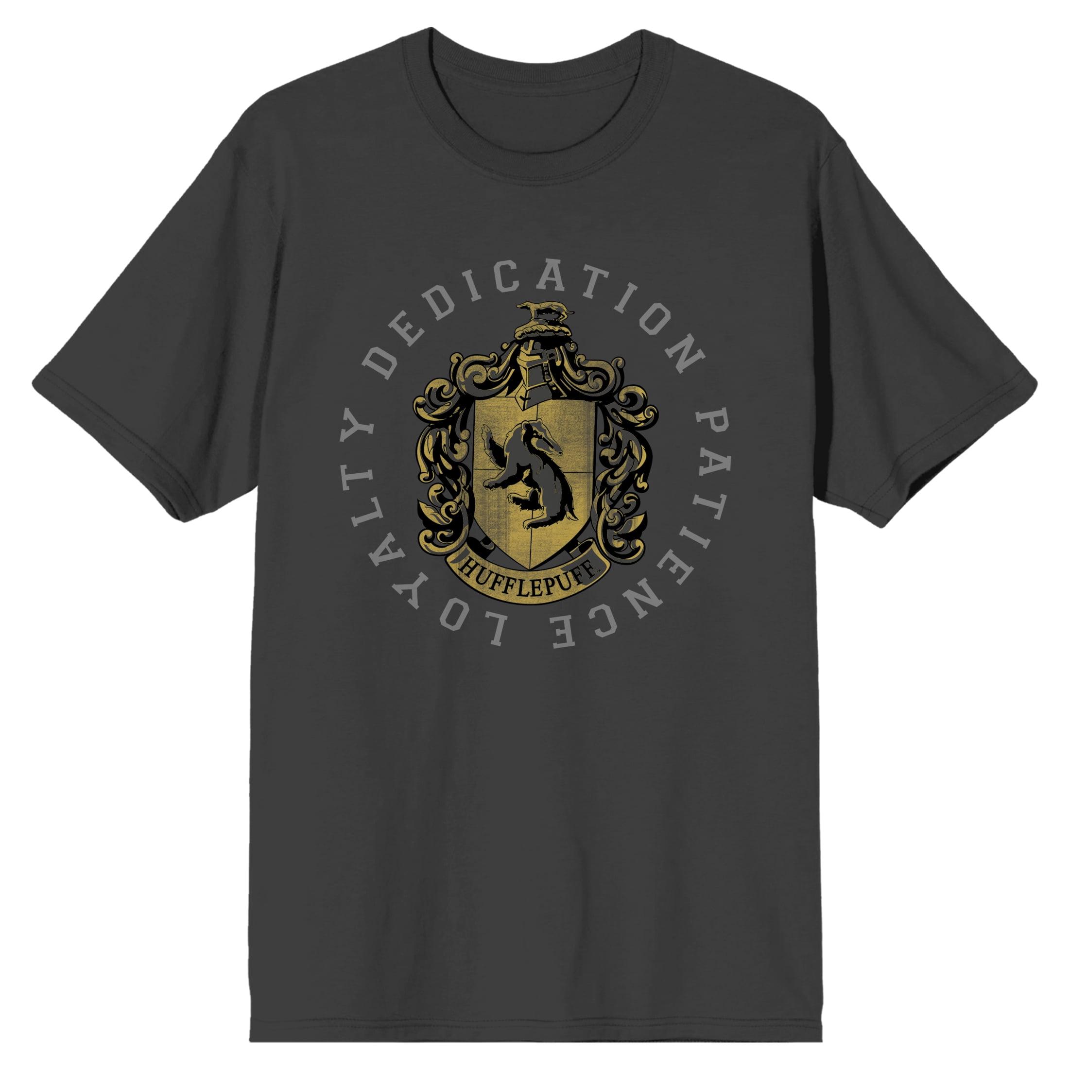 Harry Potter Hufflepuff Crest and Motto Mens Charcoal Graphic Tee ...