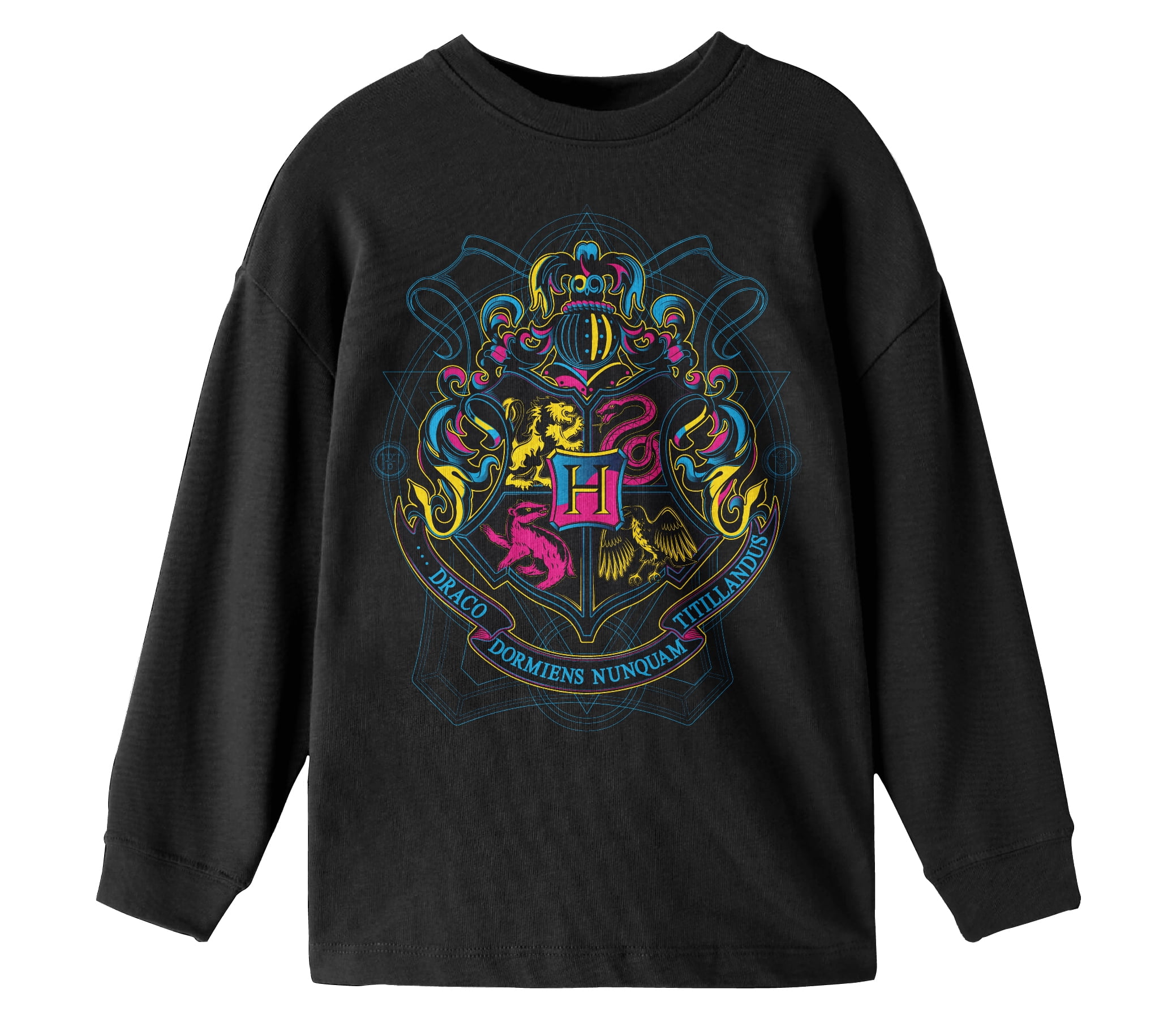 Harry Potter Neon Pink And Yellow Hogwarts Crest Boy's Black Long ...