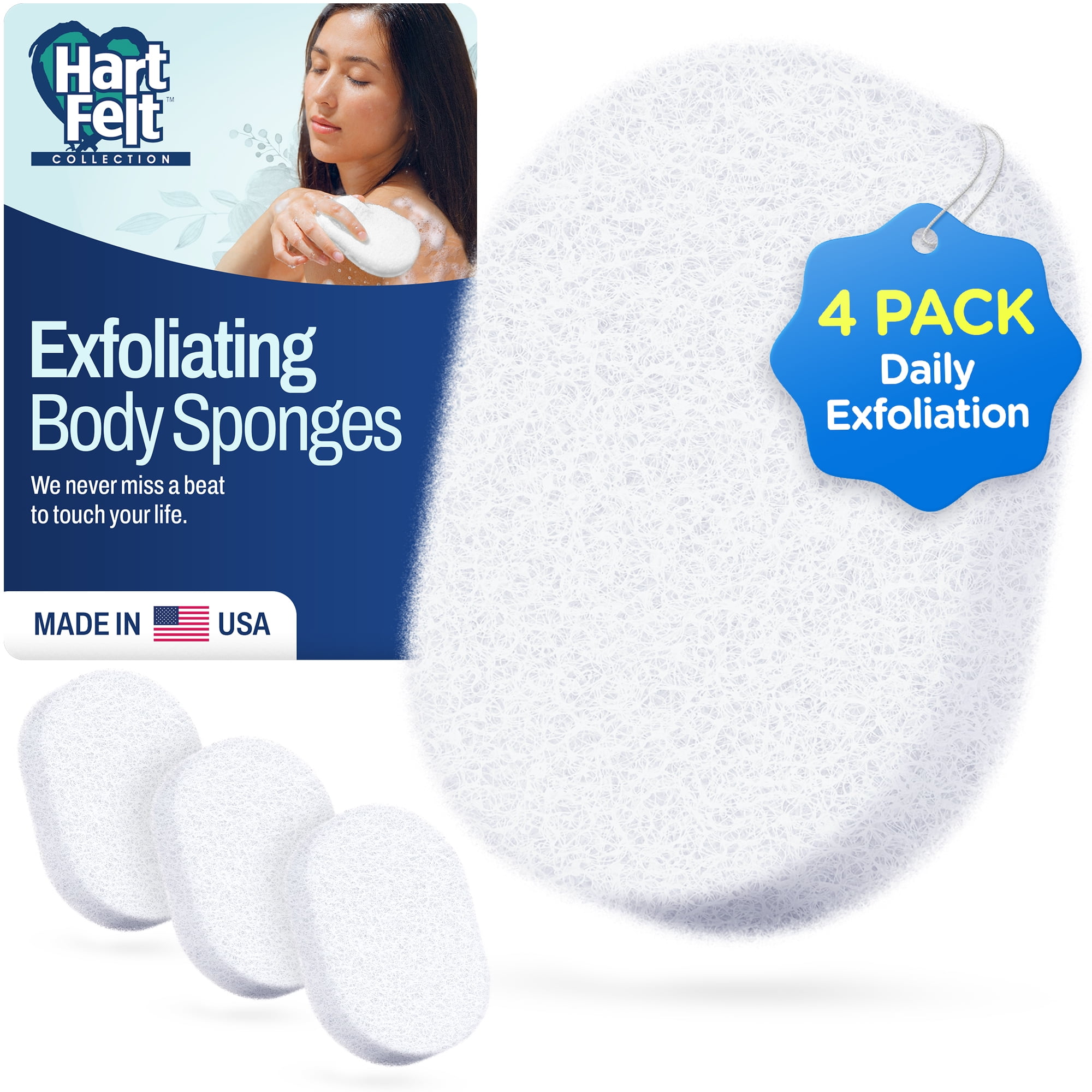 HartFelt Adult Body Exfoliating Sponge Pad 4 Pack Gentle Shower Scrub ...