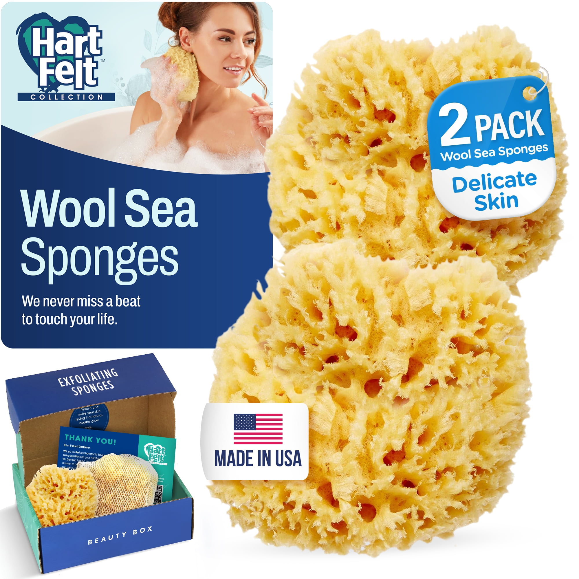 HartFelt Adult Delicate Skin Wool Sea Sponge Gift Box - 2 Sponges, Mesh ...