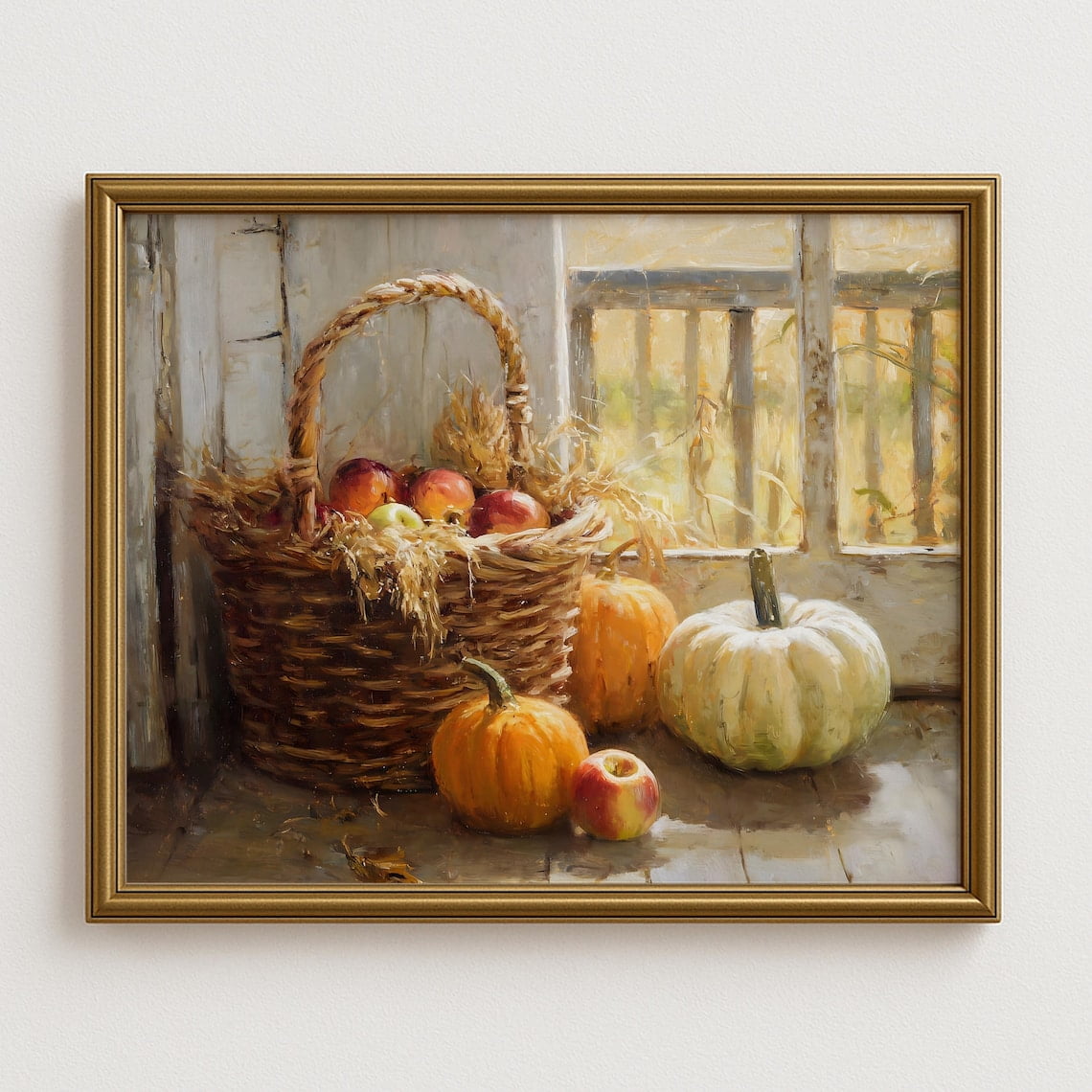 Harvest Basket Wall Art Print, Rustic Of Apples And Pumpkins, Autumn ...