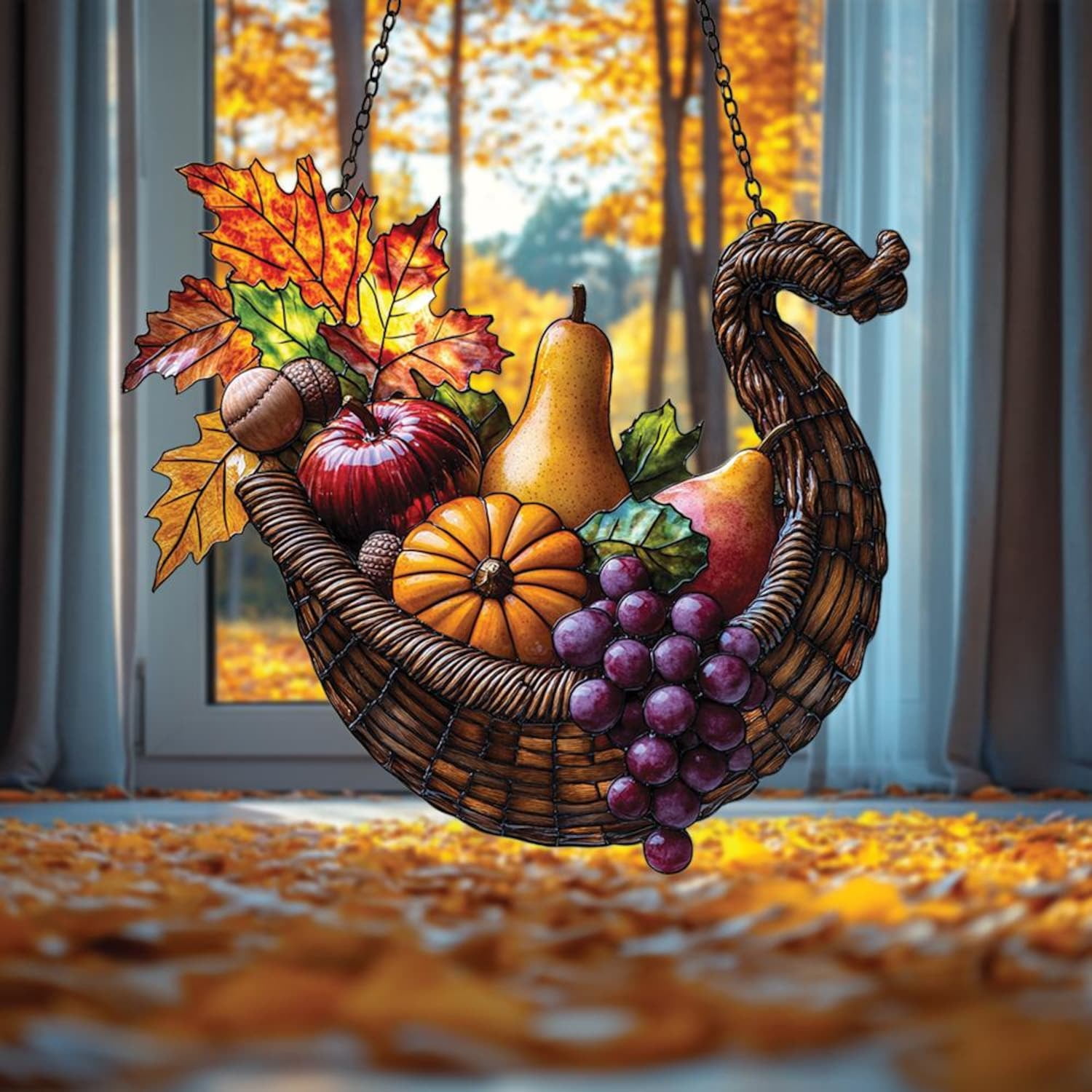 Harvest Cornucopia Acrylic Suncatcher – Faux Stained Glass Autumn Fruit ...