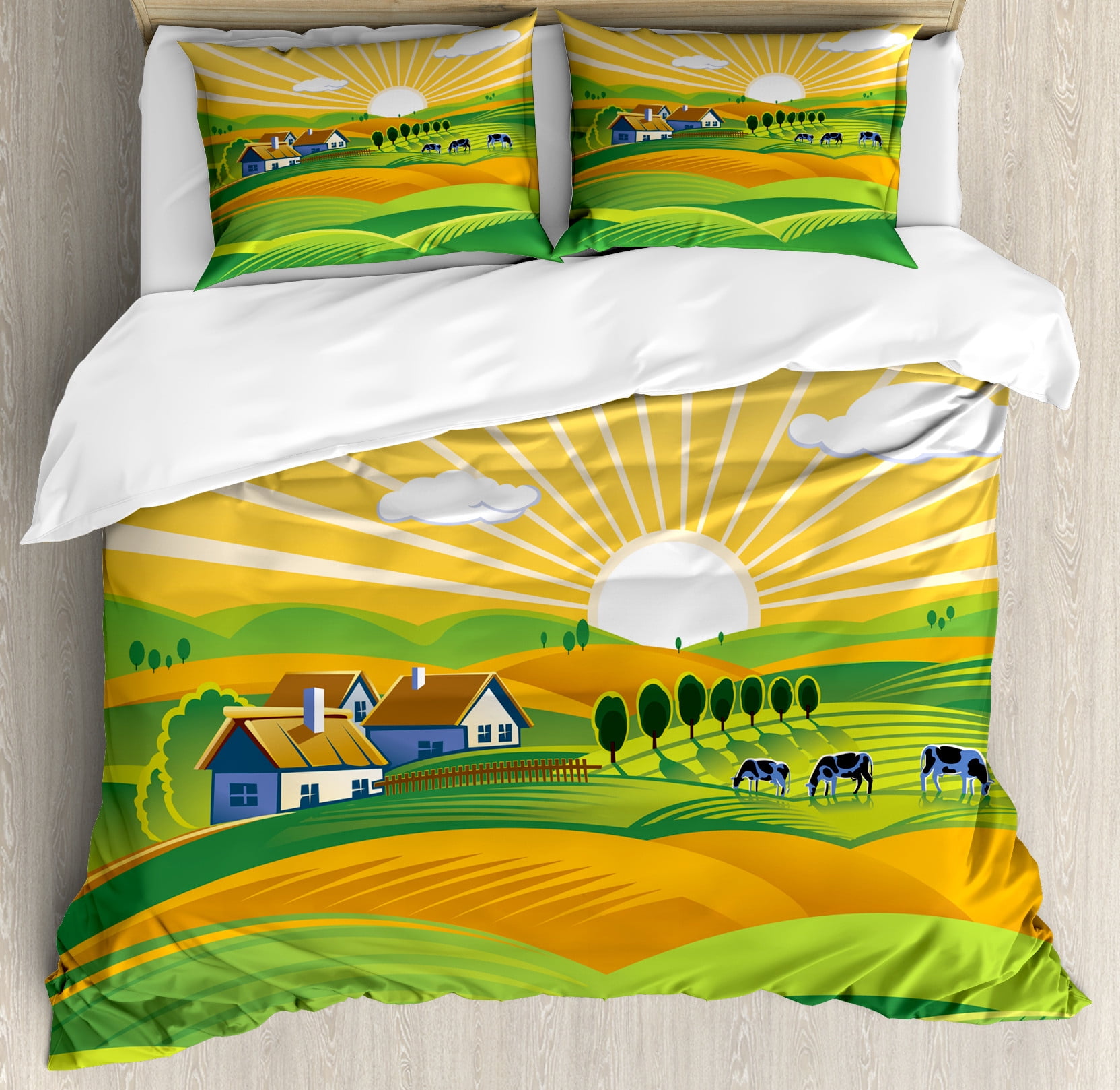 Harvest Duvet Cover Set, Countryside Theme Illustration at Sunrise with ...