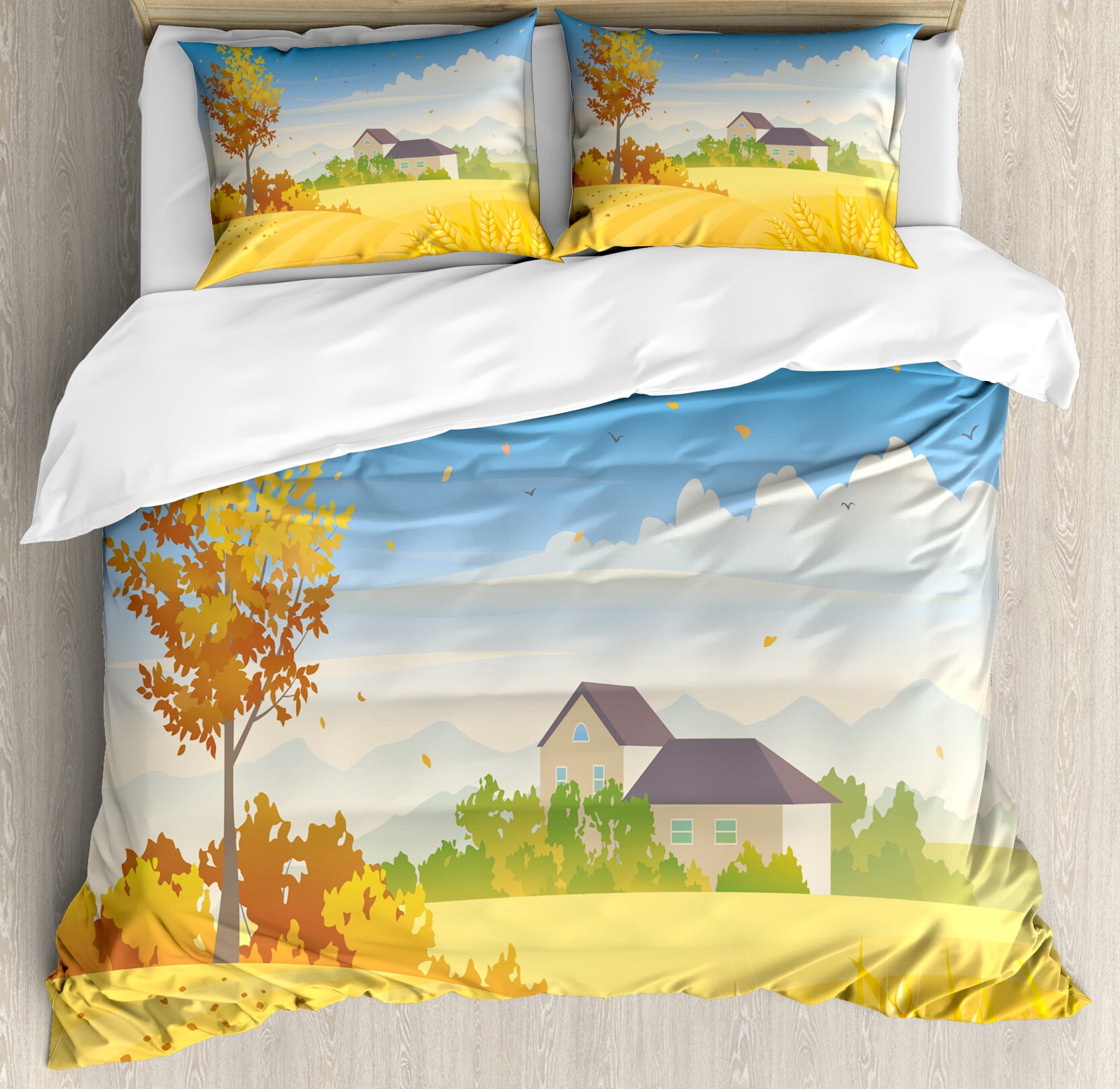 Harvest Duvet Cover Set, Farm Scene Illustration in Autumn with Wheat ...